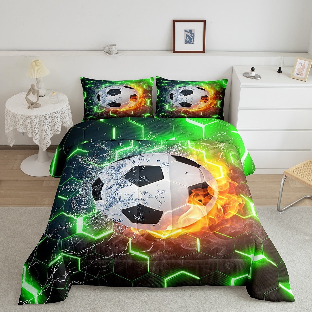 Soccer Comforter Set Queen Size, Football Quilt Room Decor, Green ...