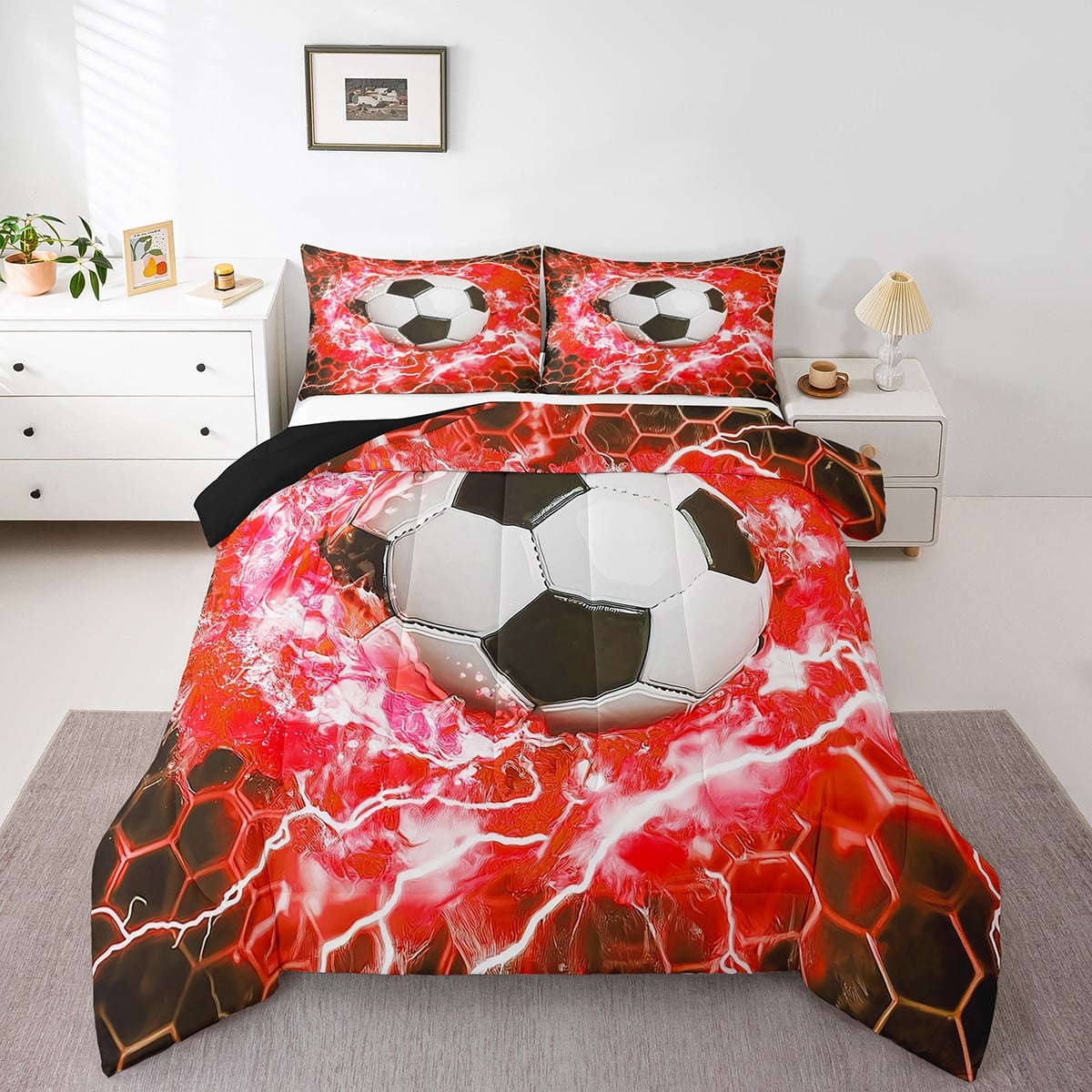 Soccer Comforter Set,Football Duvet Insert Teens,Red Black Lightning ...