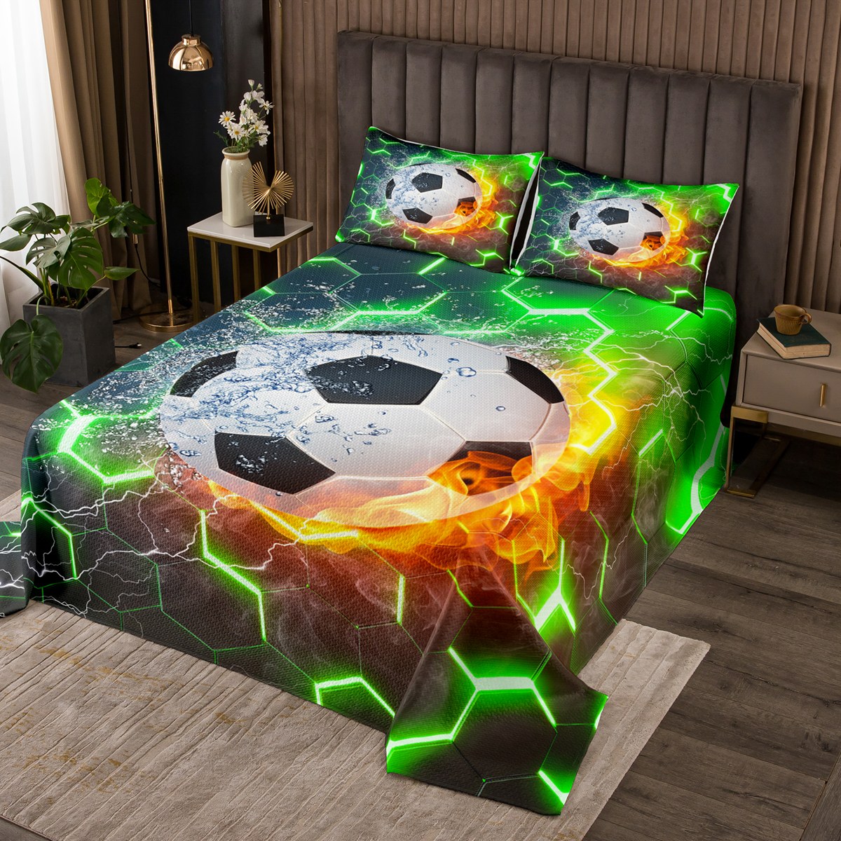 Soccer Quilt Set Queen Size, Football Bedspread Set Room Decor, Green ...