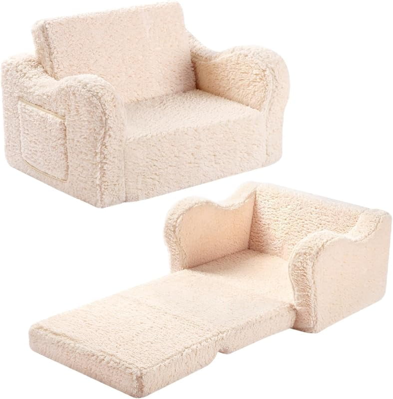 Kids Sofa, 2-in-1 Flip-Out Foam Couch with Soft Sherpa Cover, Cozy Play ...