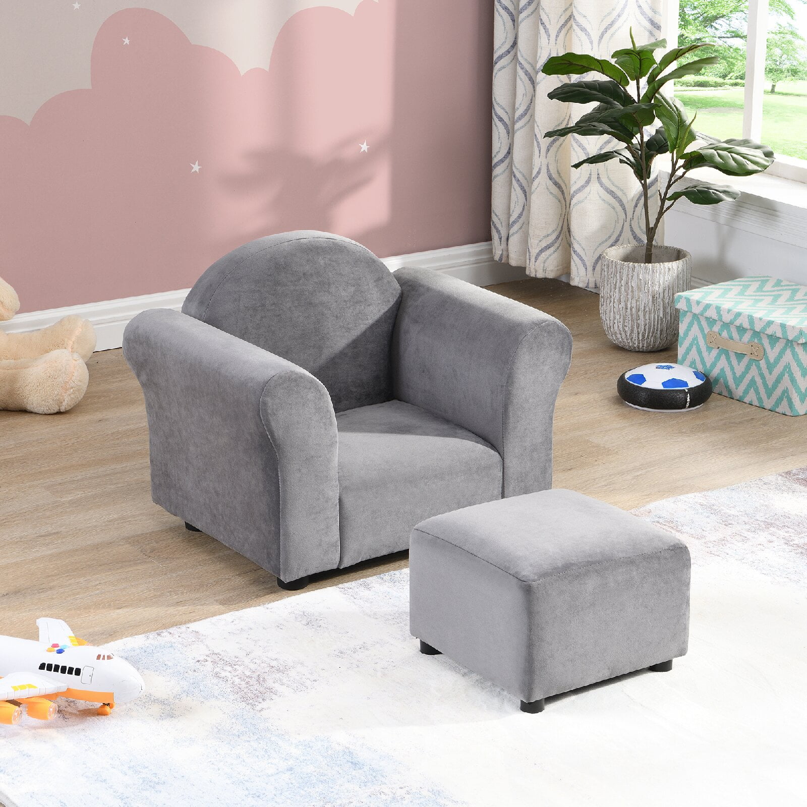 Kids Sofa Chair with Ottoman, Velvet Toddler Couch with Plastic Legs ...