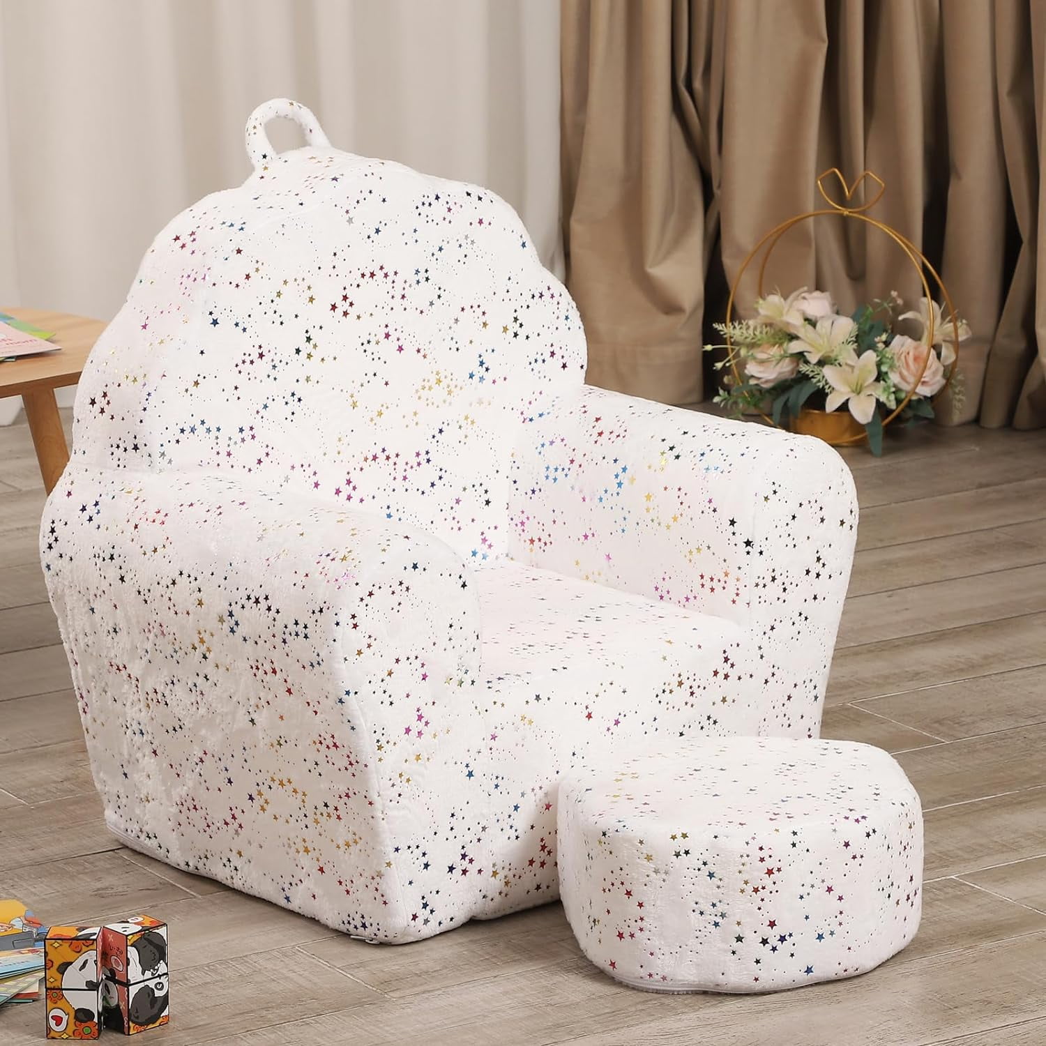 Kids Sofa with Ottoman, Shell-Like Sofa for Boys and Girls, White with ...
