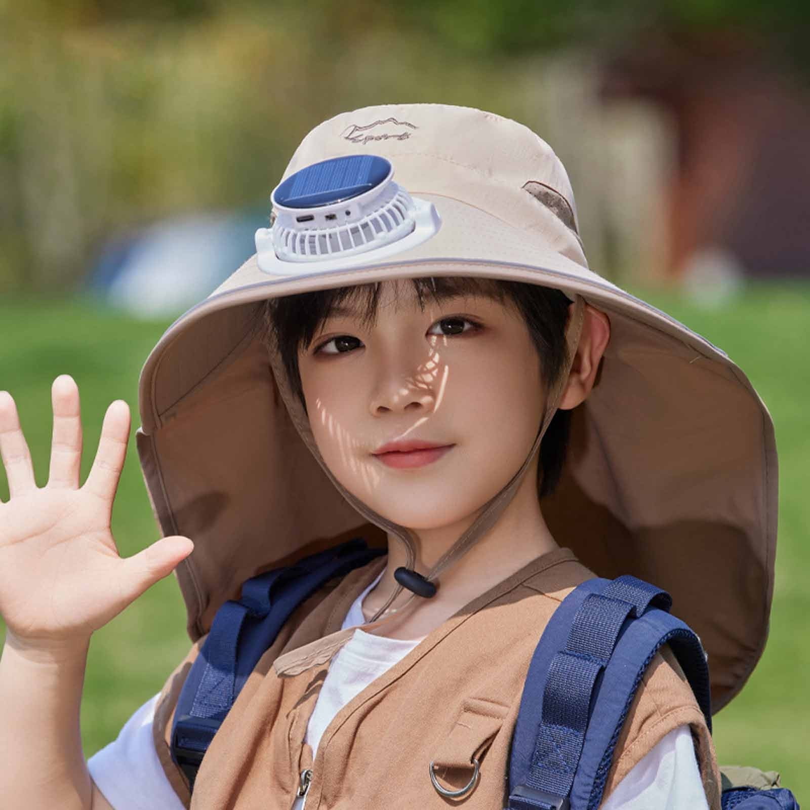 Kids Solar Fan Hat With Wide Brim & Neck Flap - Adjustable Uv ...