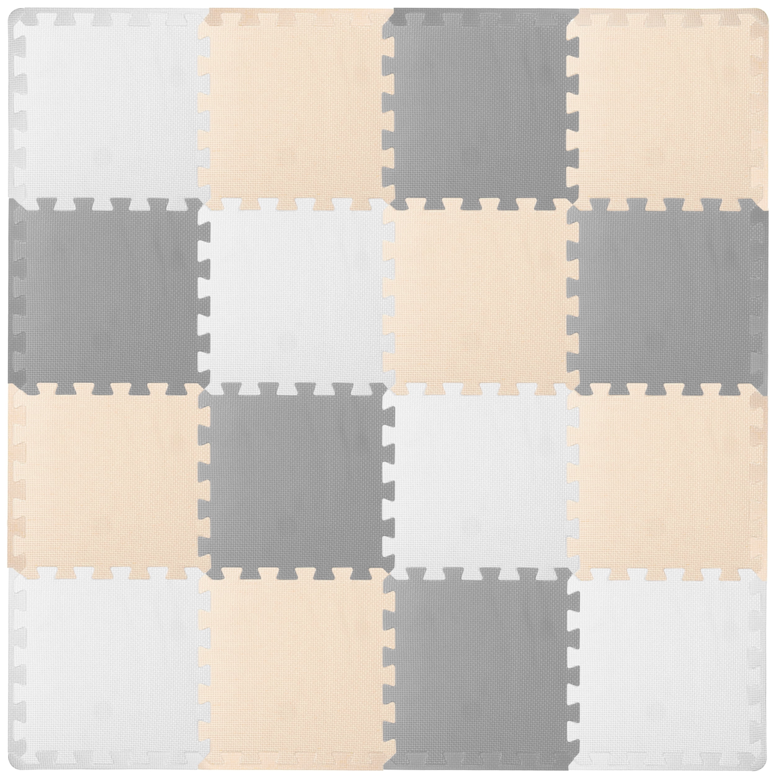 Kids Solid Floor Play Mat 3/8-in, 16 Sq Ft - 16 Tiles, White/Grey/Beige ...