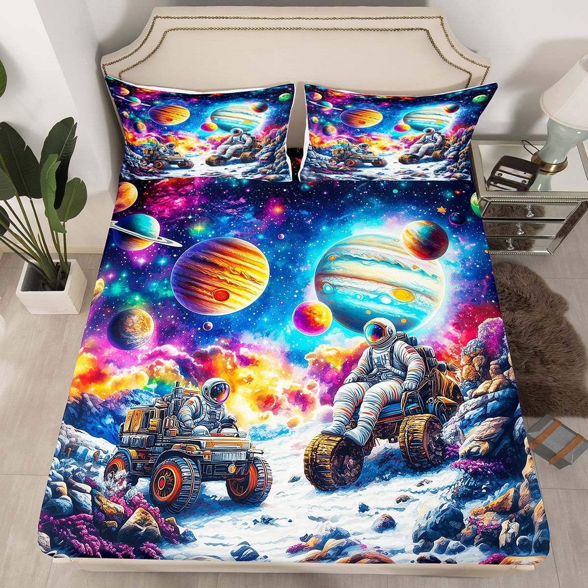 Space Astronaut Fitted Sheet,Outer Space Bed Sheets,Galaxy Planet Twin ...