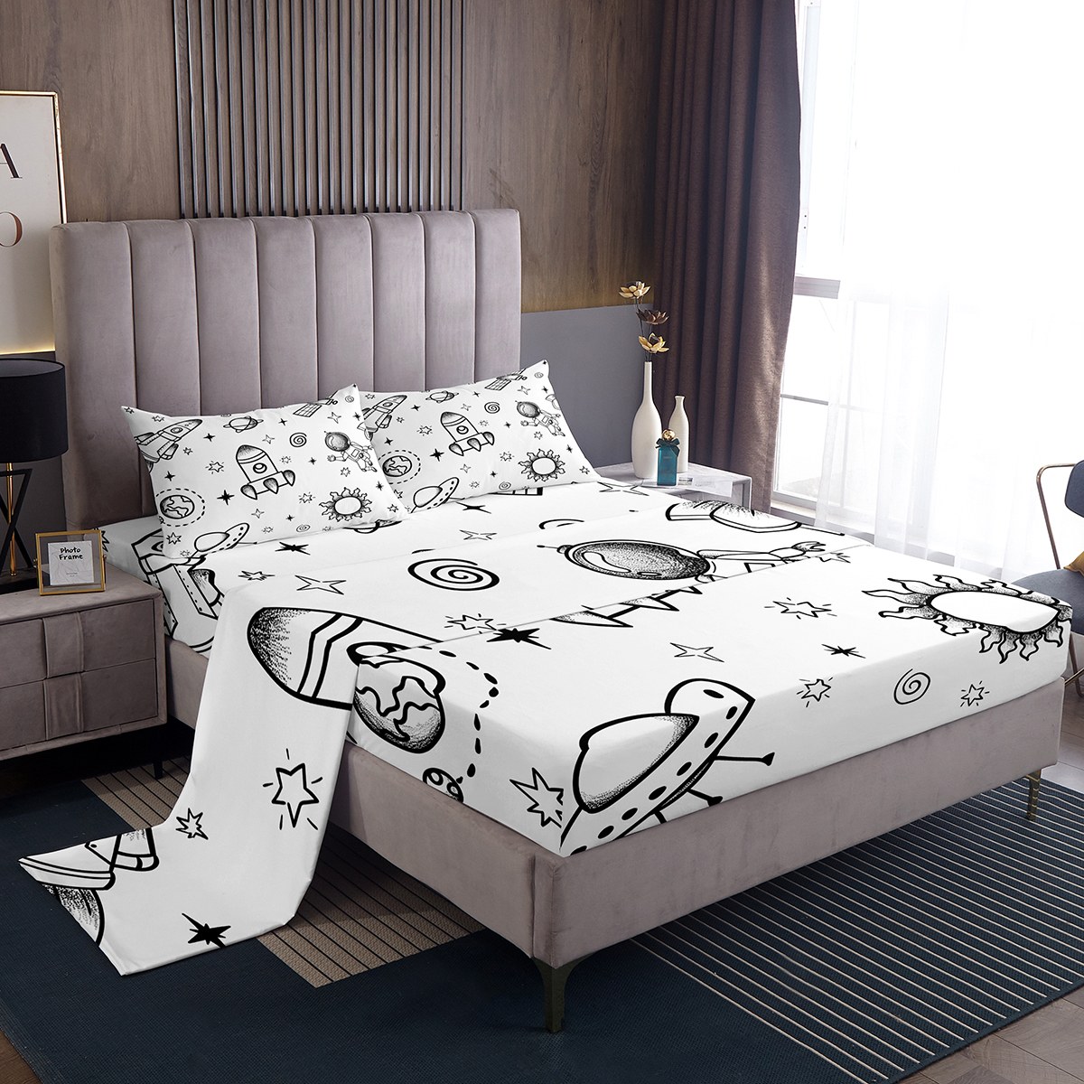 Space Astronaut Sheets Twin Size,Cartoon Space Ship Rocket Printed Bed ...