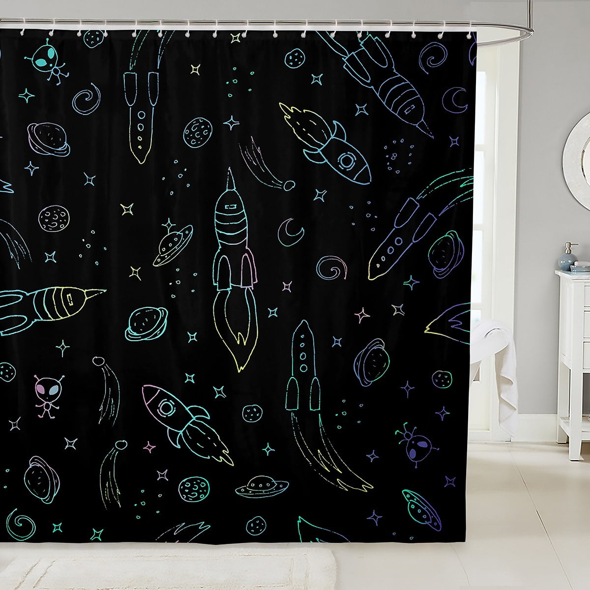 Space Bathroom Curtain Neon Rocket Planet Bath Curtain, Glitter Stars ...