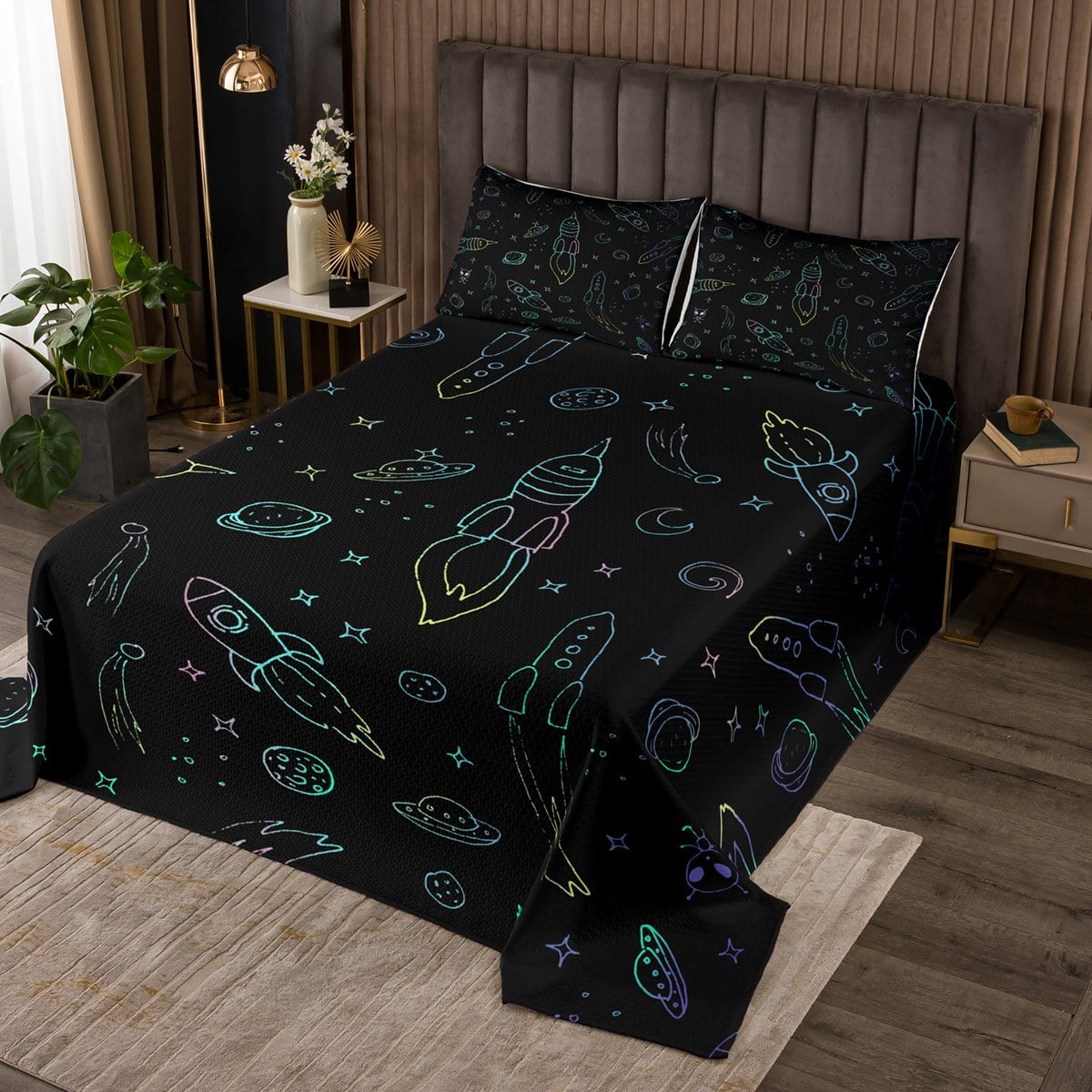 Kids Space Bedspread Queen Size for Boys Girls Neon Rocket Planet Quilt ...