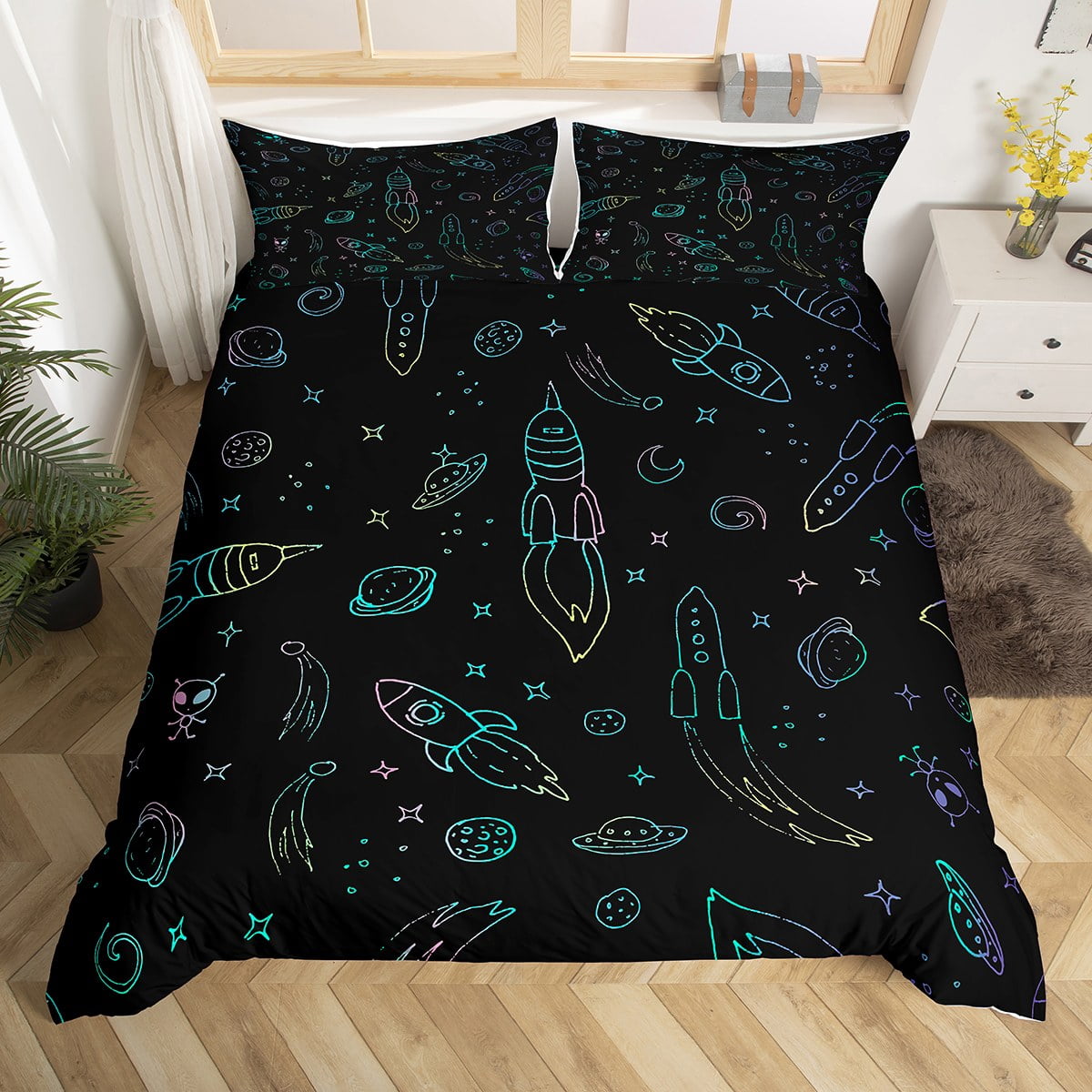 Kids Space Duvet Cover Queen for Boys Girls Neon Rocket Planet Bedding ...