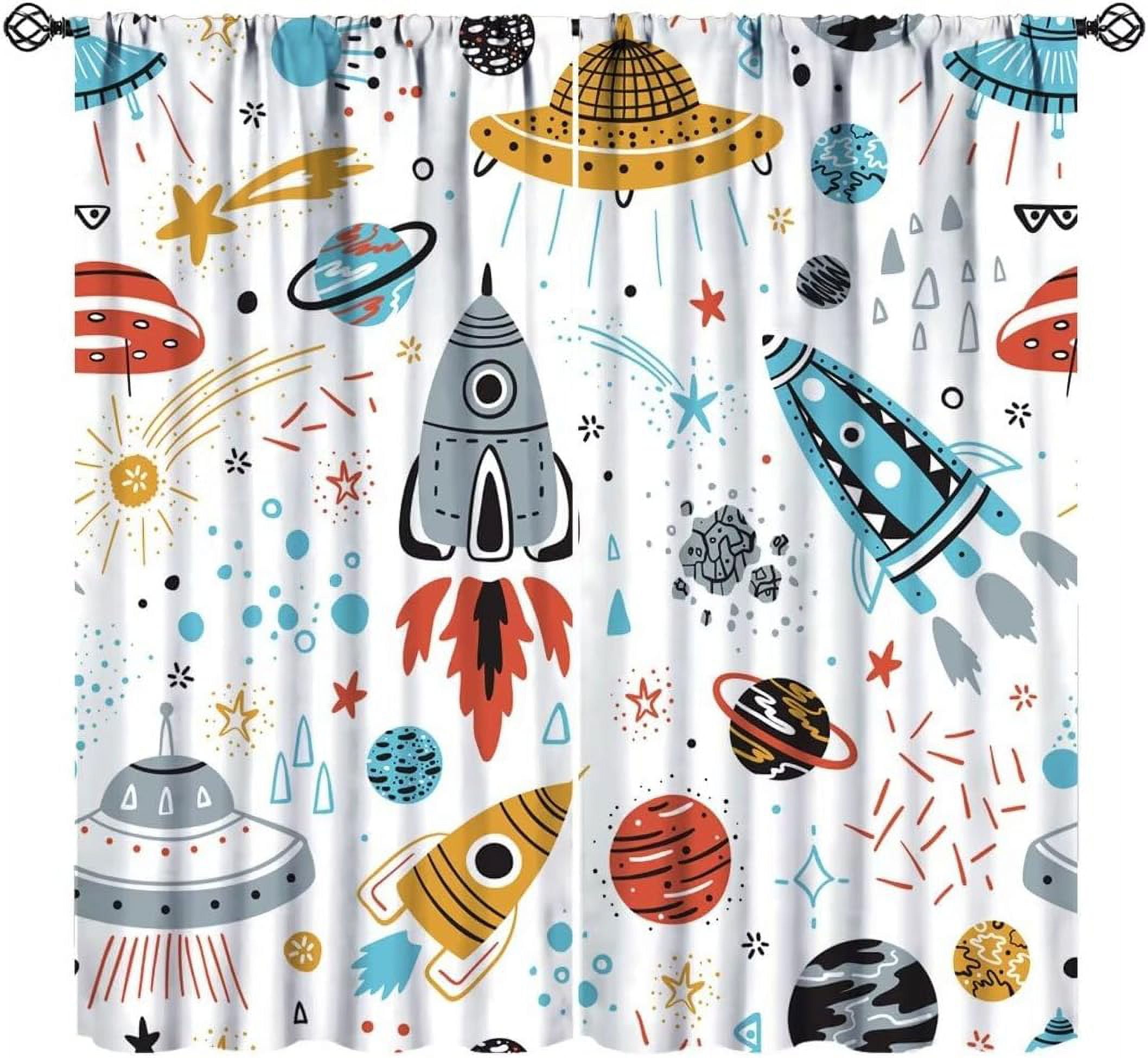 Kids Space Rocket Curtains, Cartoon Outer Space Rockets Planets Stars ...