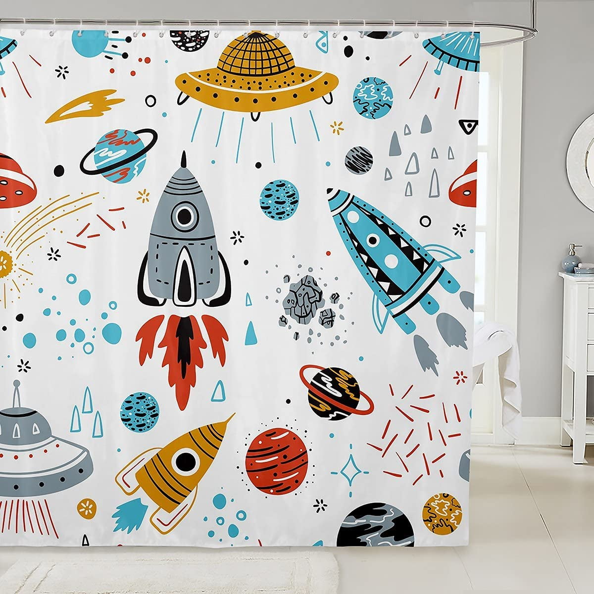 Ieskayiz Kids Space Rocket Shower Curtain, Universe Bathroom Decor ...