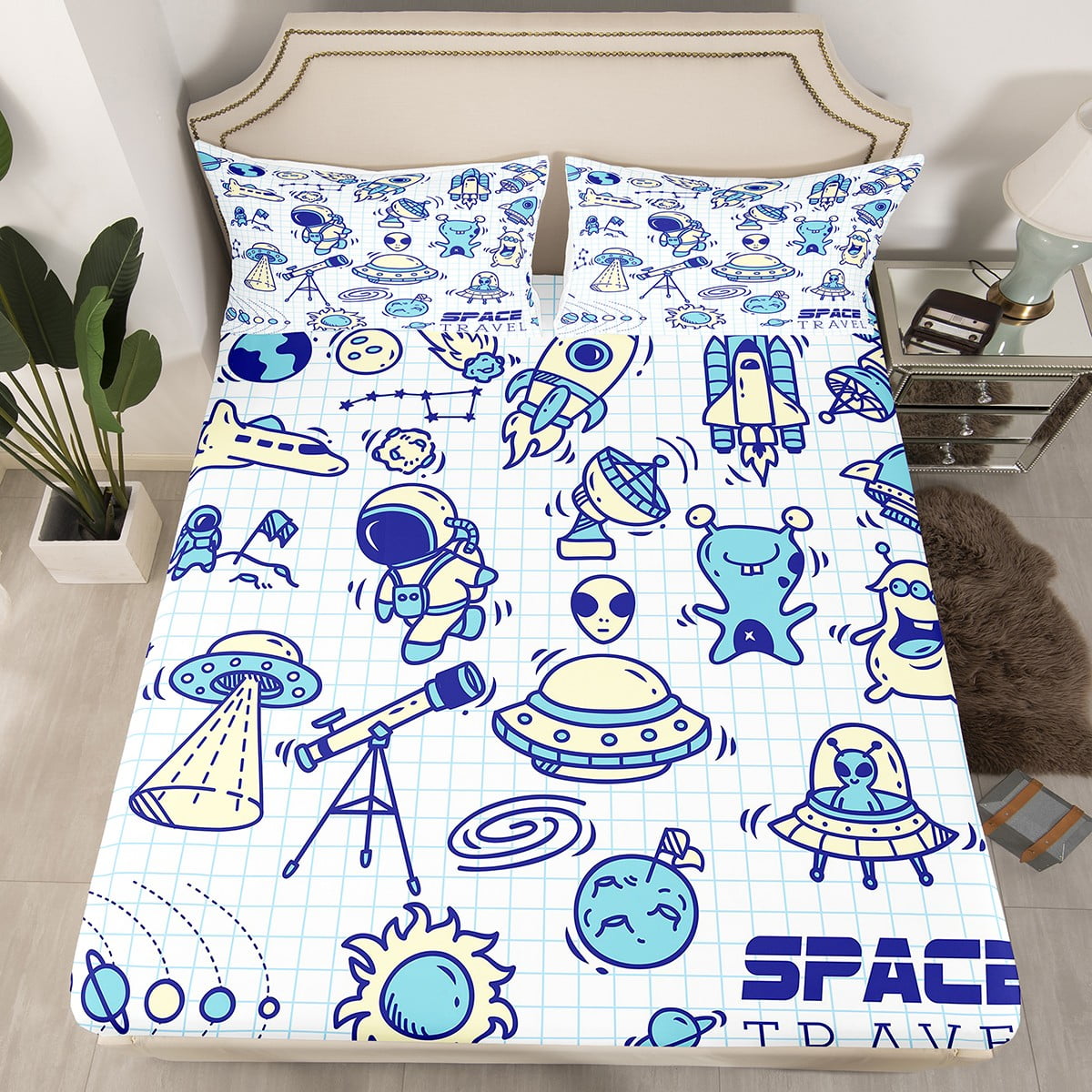 Kids Space Travel Bed Sheets Funny Outer Space Alien Lifes Bedding Set ...