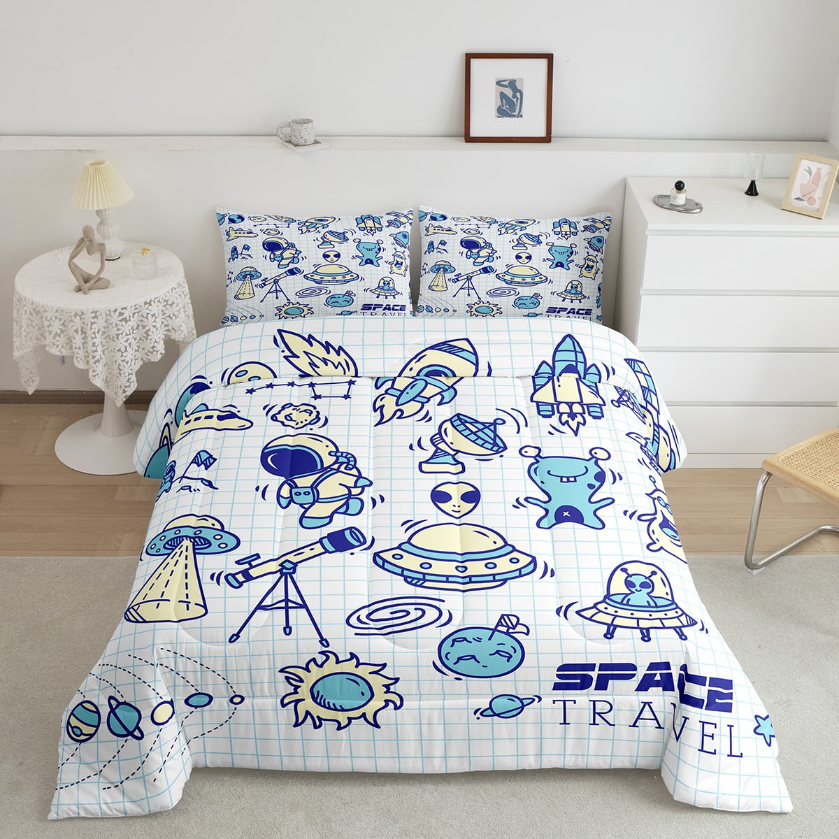 Kids Space Travel Comforter Set Funny Outer Space Alien Lifes Bedding ...