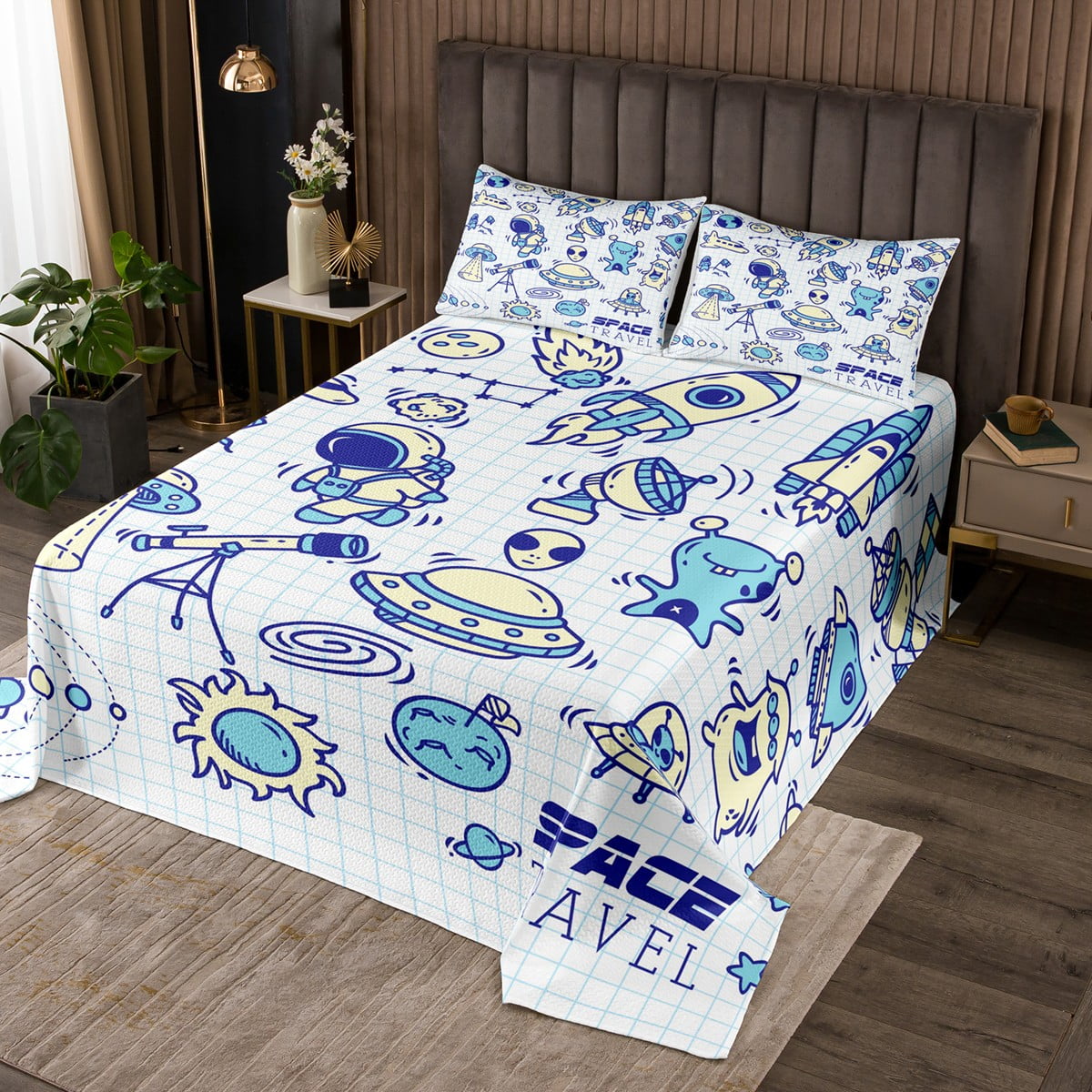 Space Travel Quilt Set Funny Outer Space Alien Lifes Coverlet Set 3Pcs ...