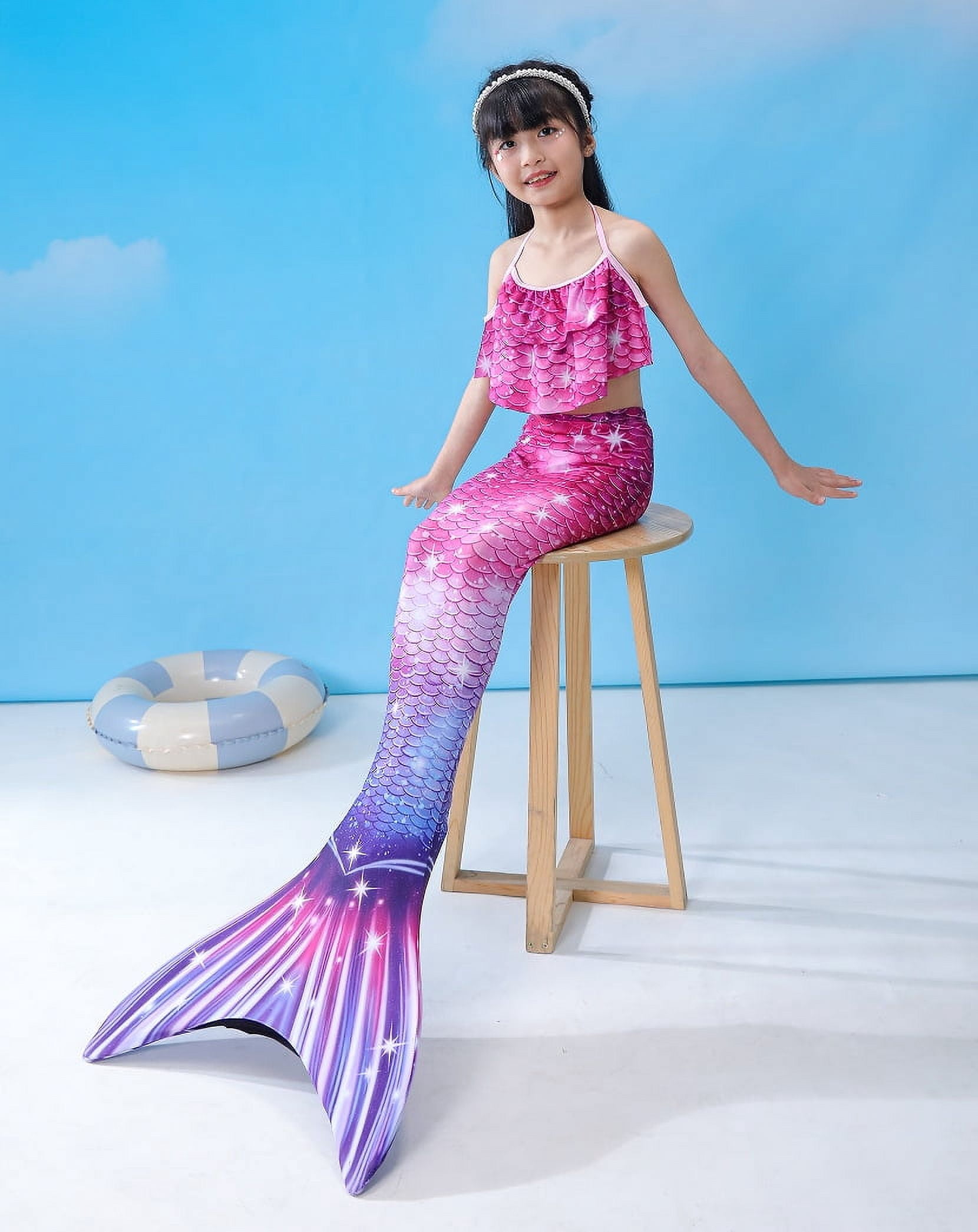 Kids Sparkle Mermaid Bathing Suit - Swimsuit Dress with Flowy Tail(No ...