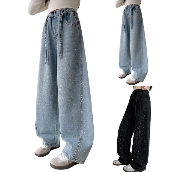 Kids Sparkle Rhinestone Baggy Jeans with Drawstring Elastic Waist ...