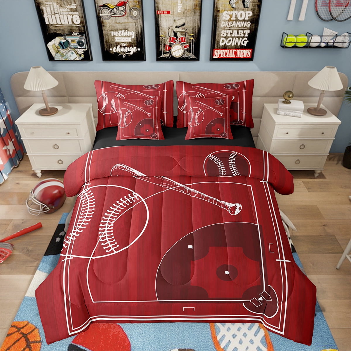 Sports Bedding Comforter Sets 7pcs Baseball Full Bedding Sets, Black ...
