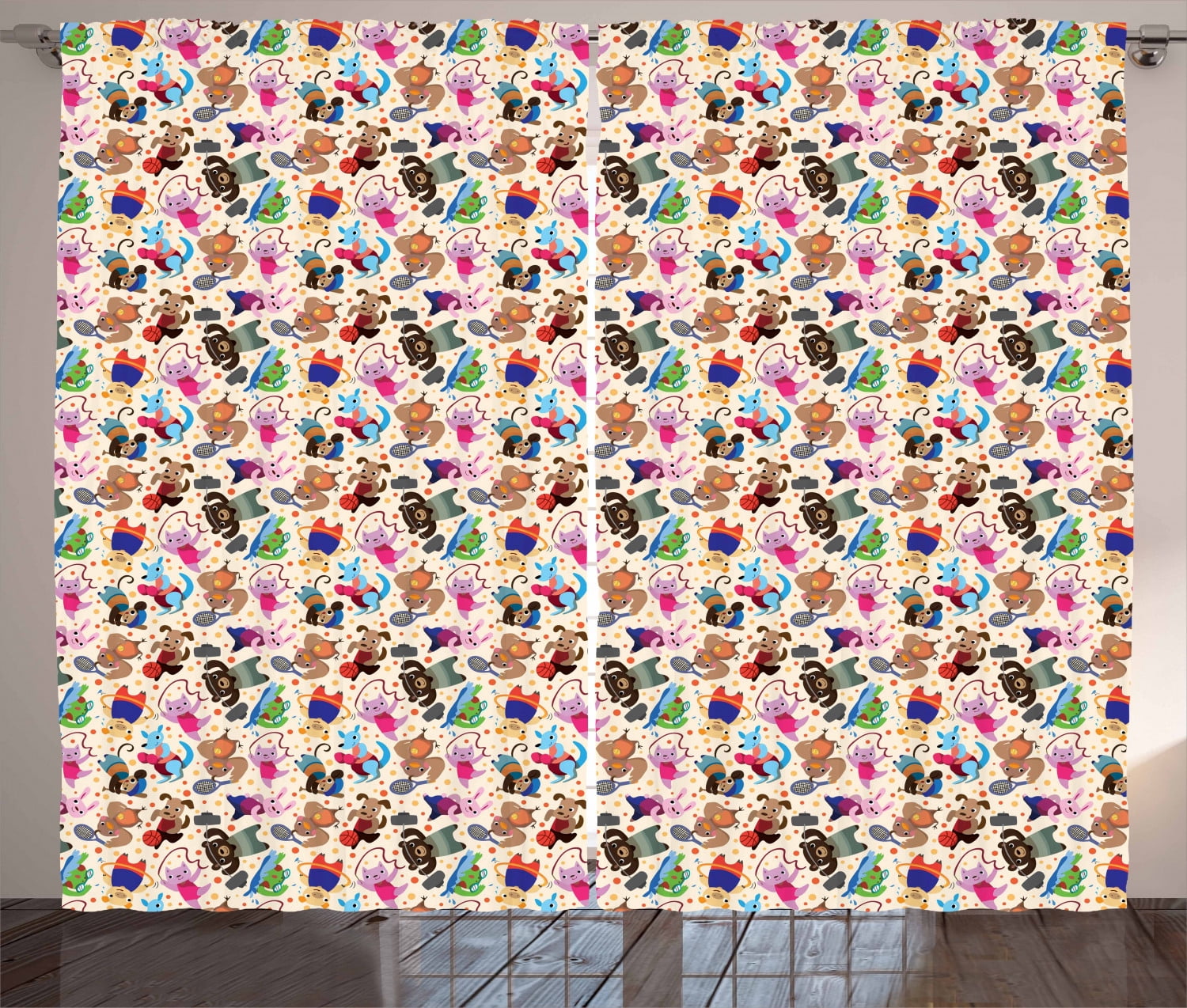 Kids Sports Curtains 2 Panels Set, Animal Bunny Skipping Rope Teddy ...