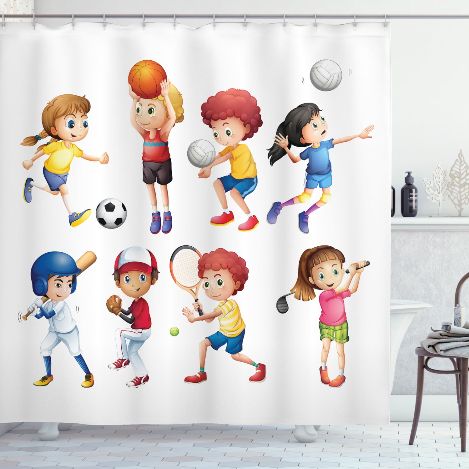 Kids Sports Shower Curtain, Children Playing Soccer Baseball Basketball ...