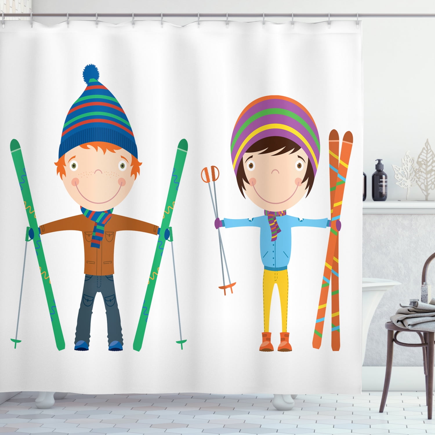 Kids Sports Shower Curtain, Funny Siblings Girl and Boy with Skis ...