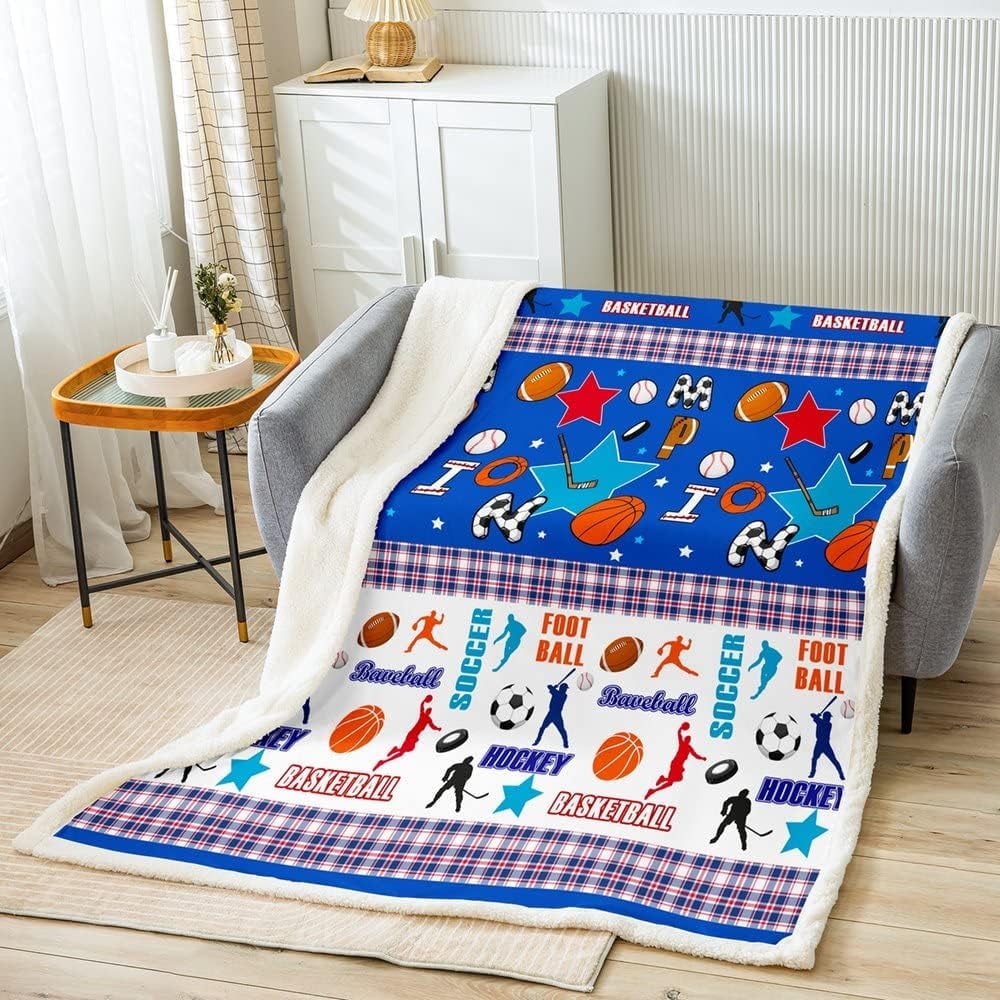 Kids Sports Throw Blanket Basketball Baseball Hockey Soccer Football ...