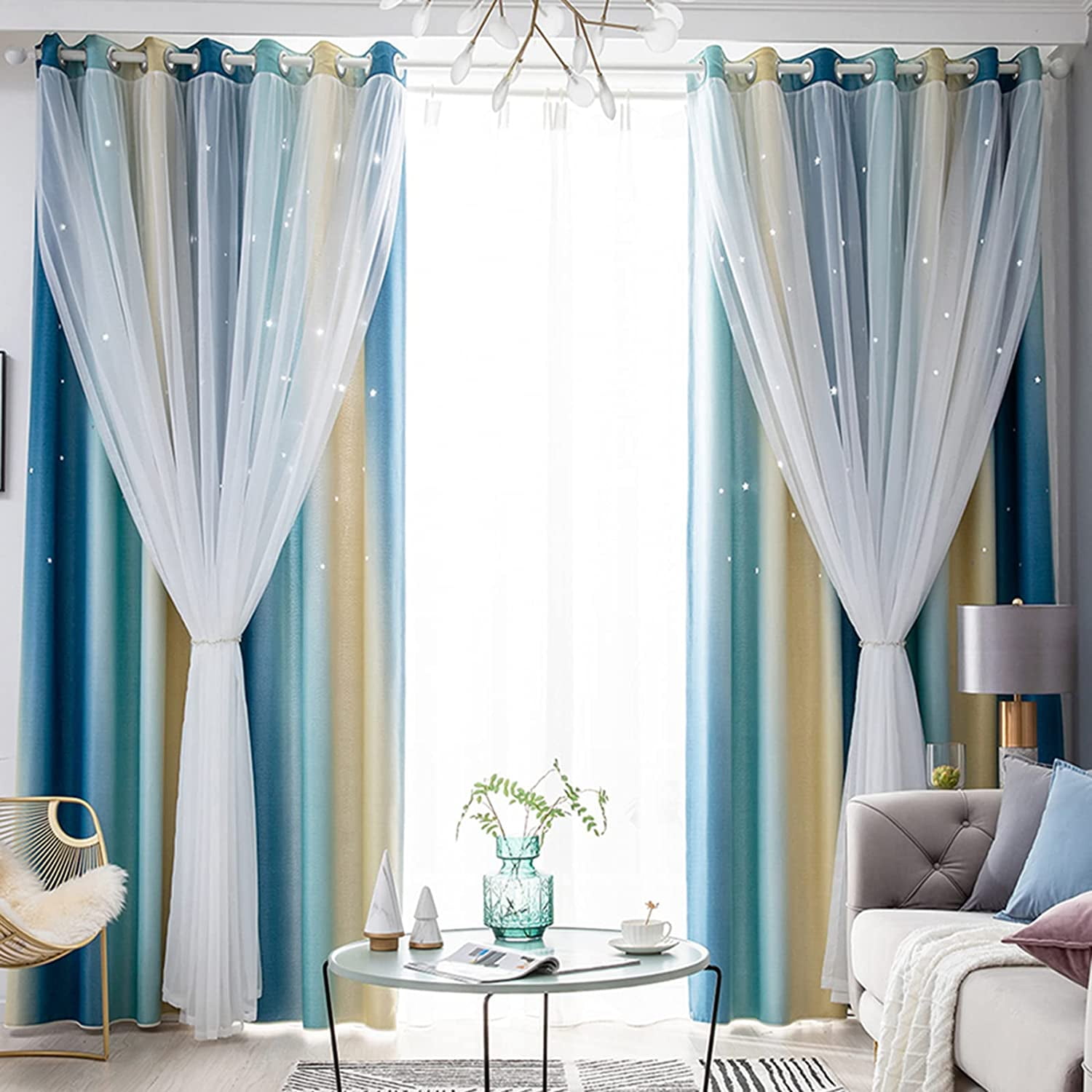 Kids Star Blackout Curtains Gradient Blue Window Drape Star Cutout ...