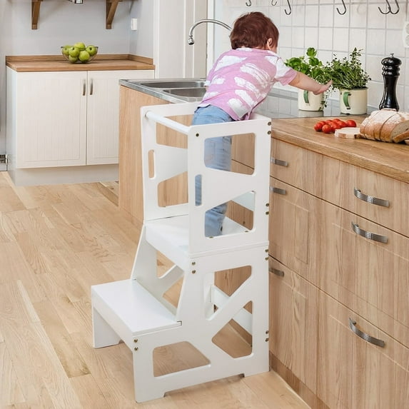 Caveen Kids Wooden Step Stool, Toddler Kitchen Helper Tower, Solid Wood ...