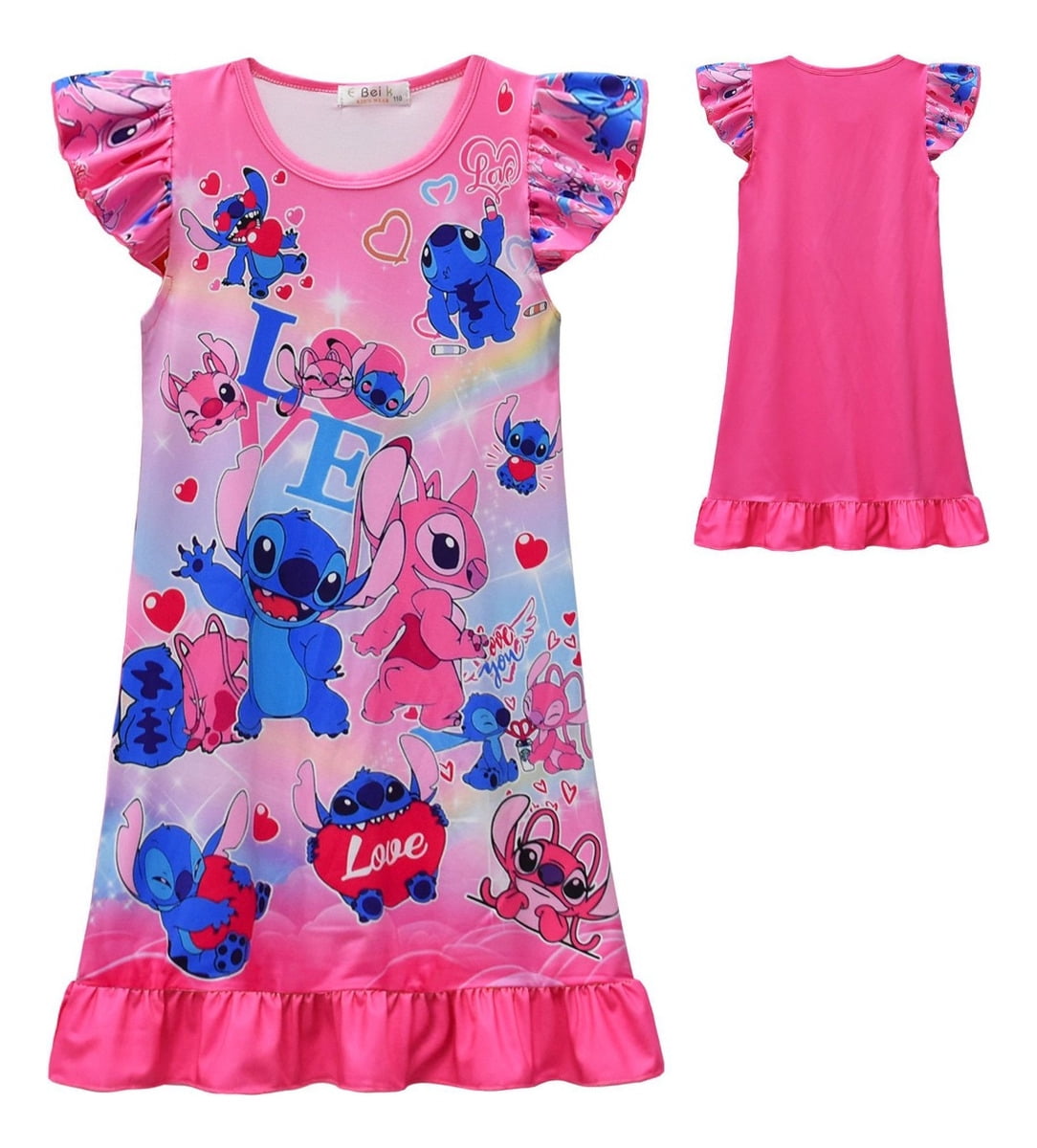 Kids Stitch and Angel Nightgown - Pink Ruffle Short Sleeve Sleep Dress ...