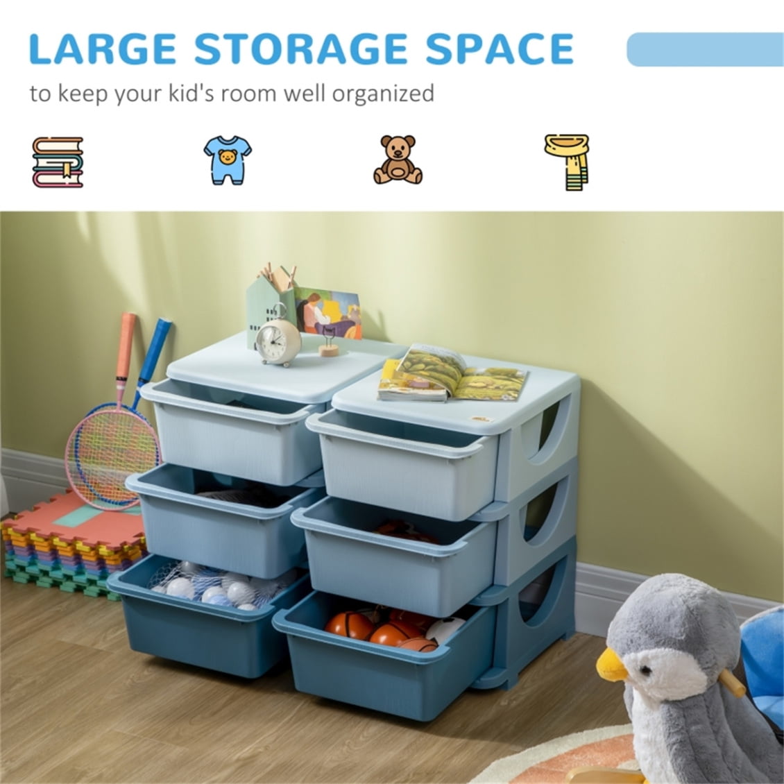 Kids Storage Unit Dresser, 6 Drawer Chest Toy Organizer Plastic Bins ...