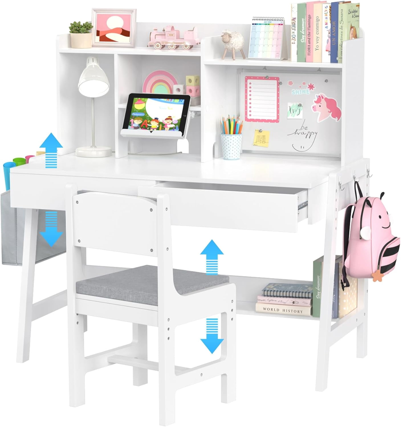 Kids Study Desk and Chair Set, Adjustable Children Study Table with ...