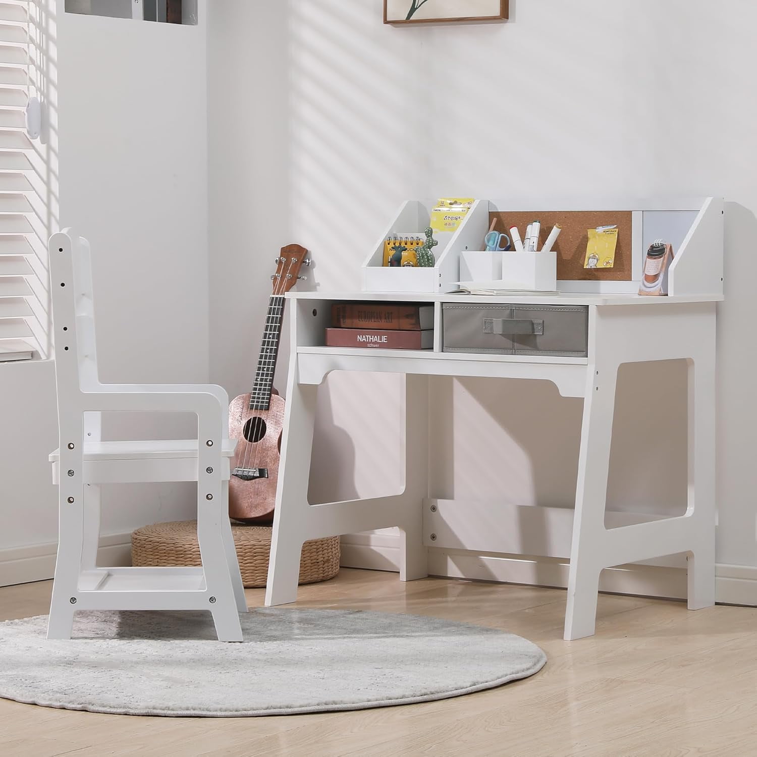 Kids Study Desk Chair Set, Compact Study Table Set with Adjustable ...