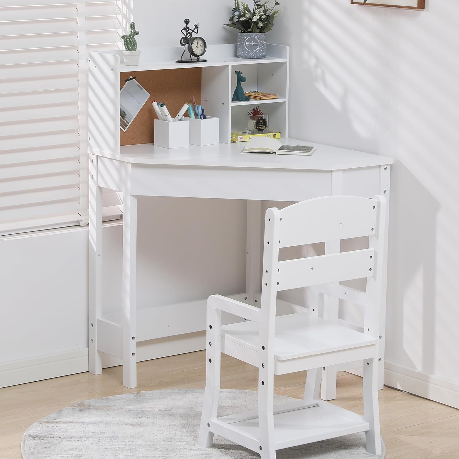 Kids Study Desk and Chair Set, White Corner Table with Adjustable Chair ...