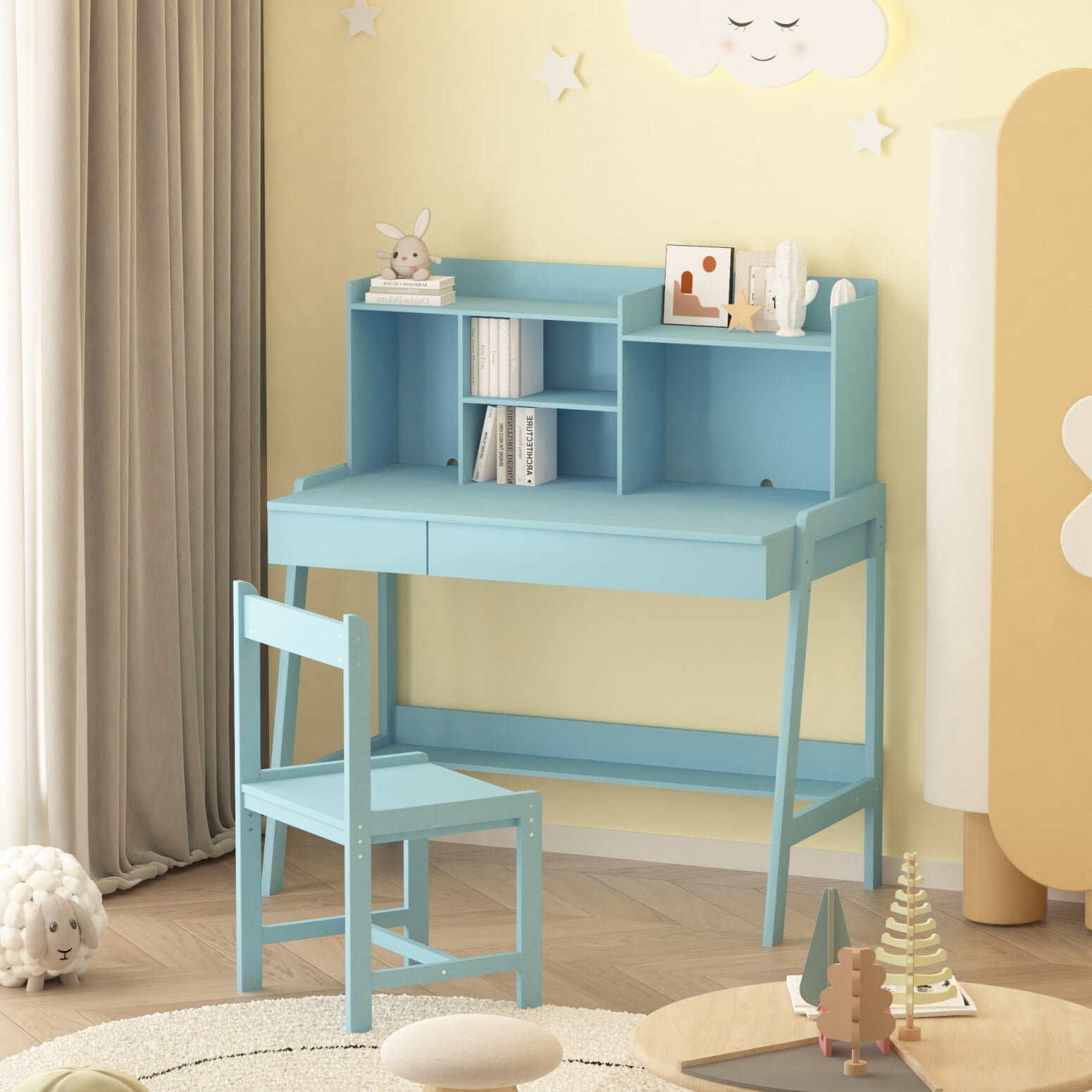 Kids Study Desk with Chair, Wooden Children School Study Table with ...