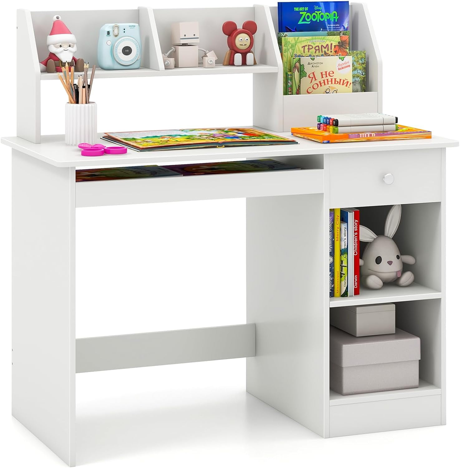 Kids Study Desk, Children Wooden Writing Table with Hutch, Bookshelf ...