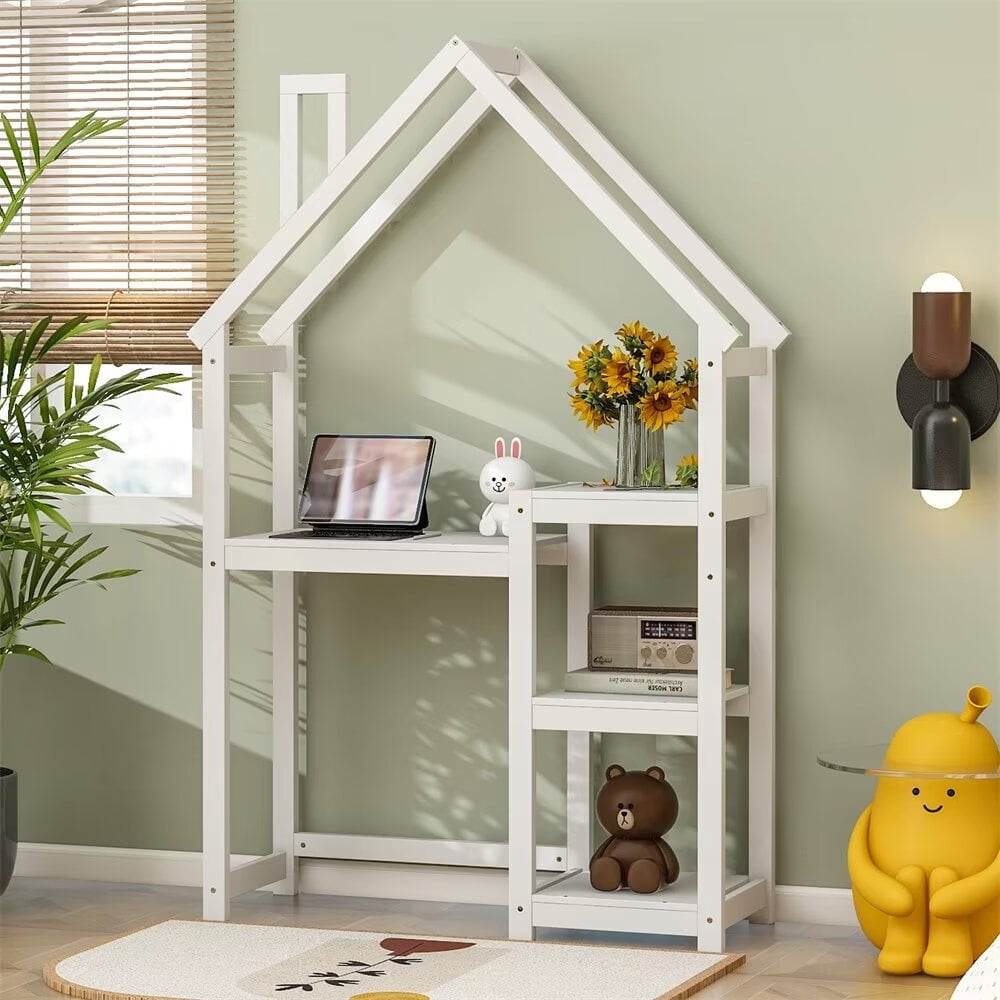 Kids Study Desk, Children Wooden Writing Table with Storage Shelves ...