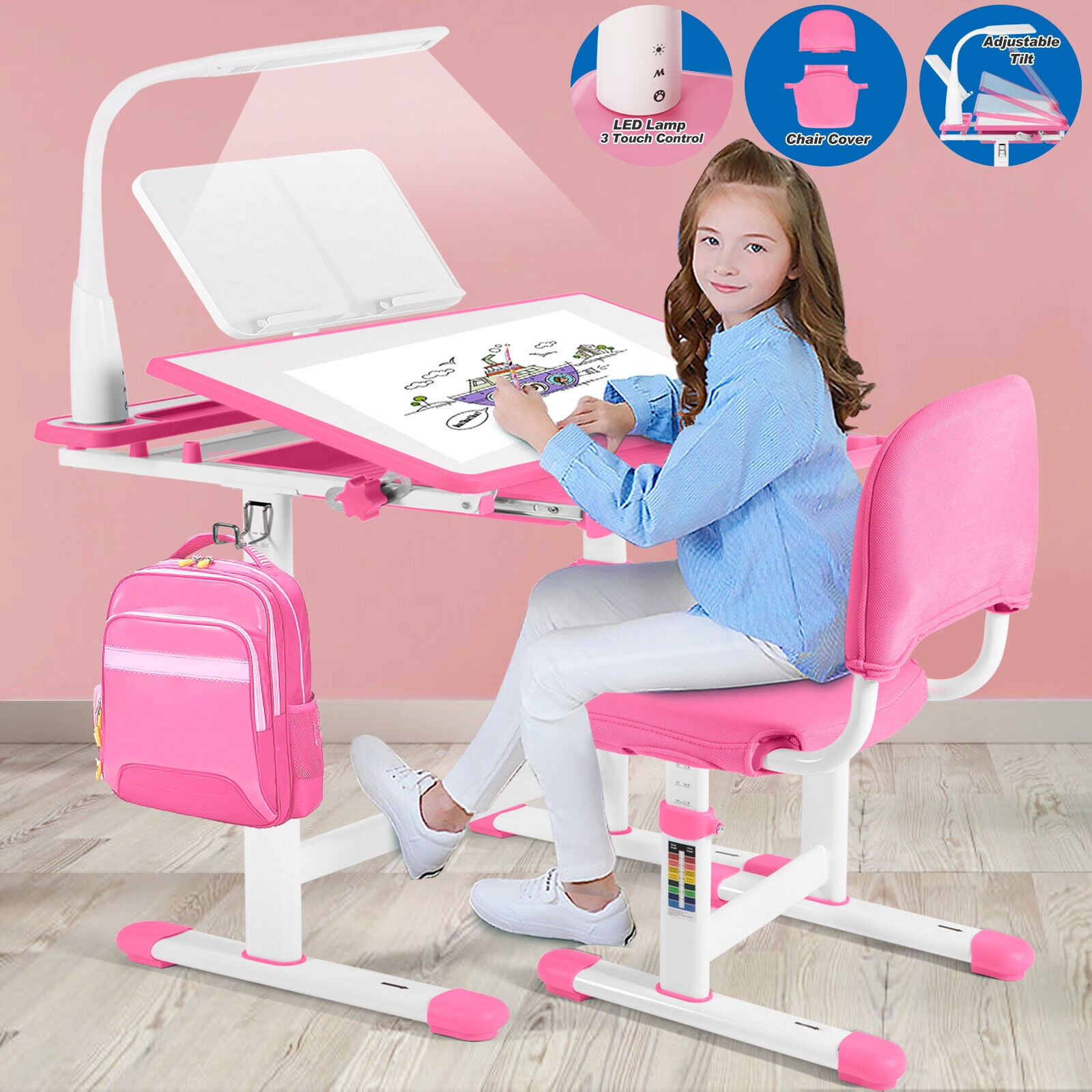 Kids Study Desk and Chair Set Children Height Adjustable Large Writing ...