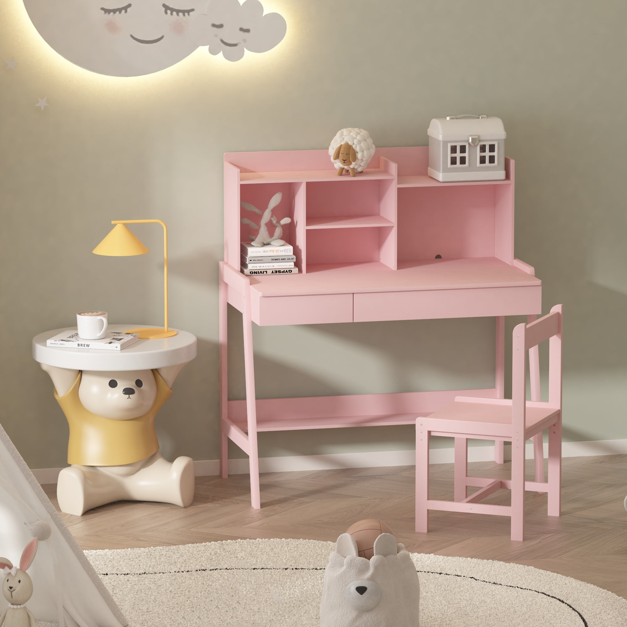 Kids Study Desk with Chair Set Wooden Children Study Table With Desktop ...