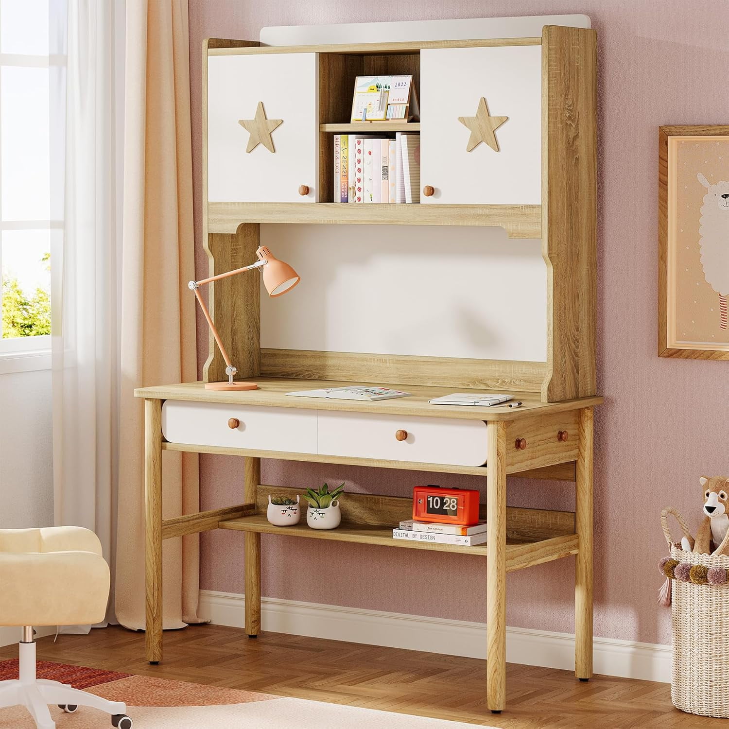 Kids Study Desk with Drawers & Hutch, Student Writing Table with ...