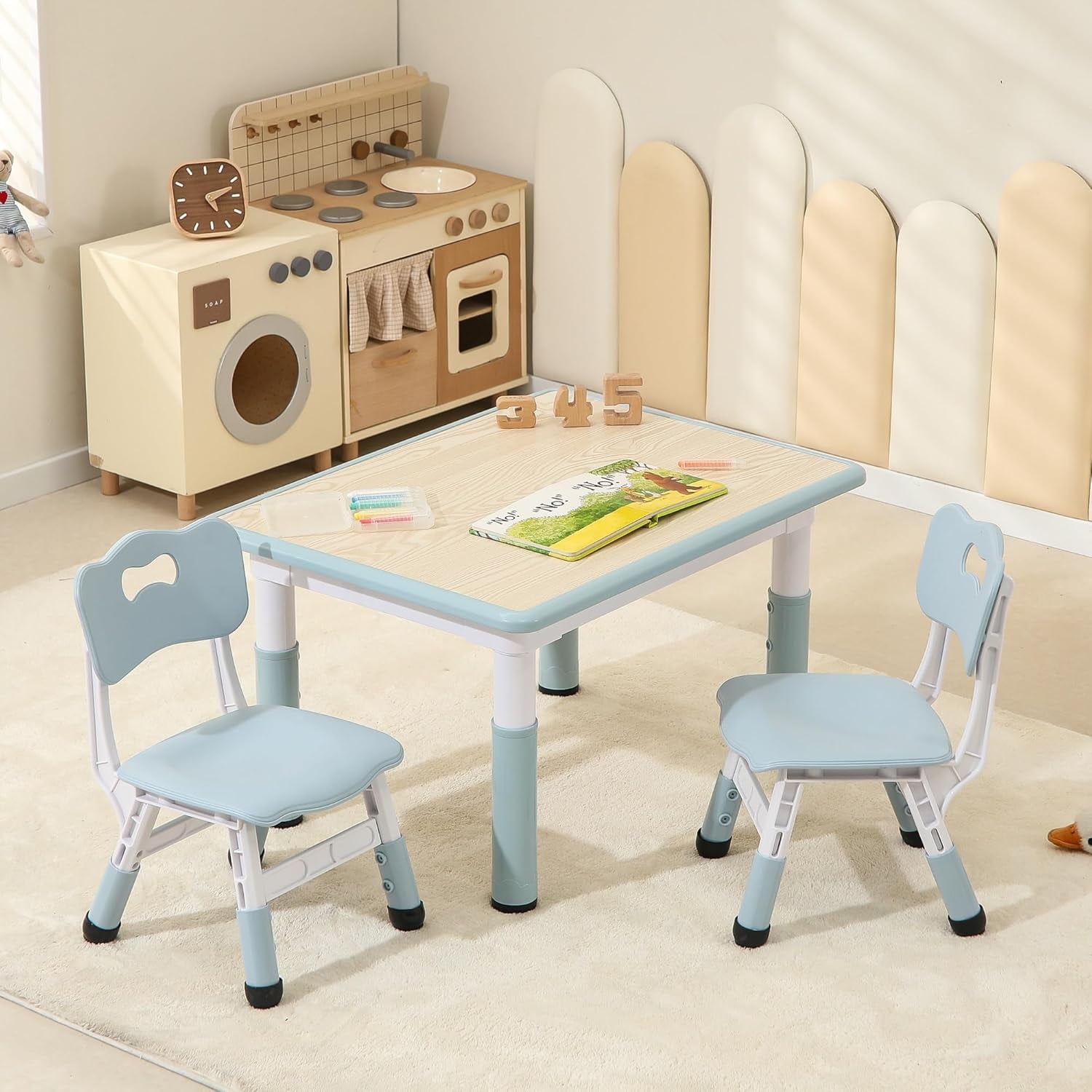 Kids Study Table and Chairs Set, Adjustable Height Toddler Learning ...