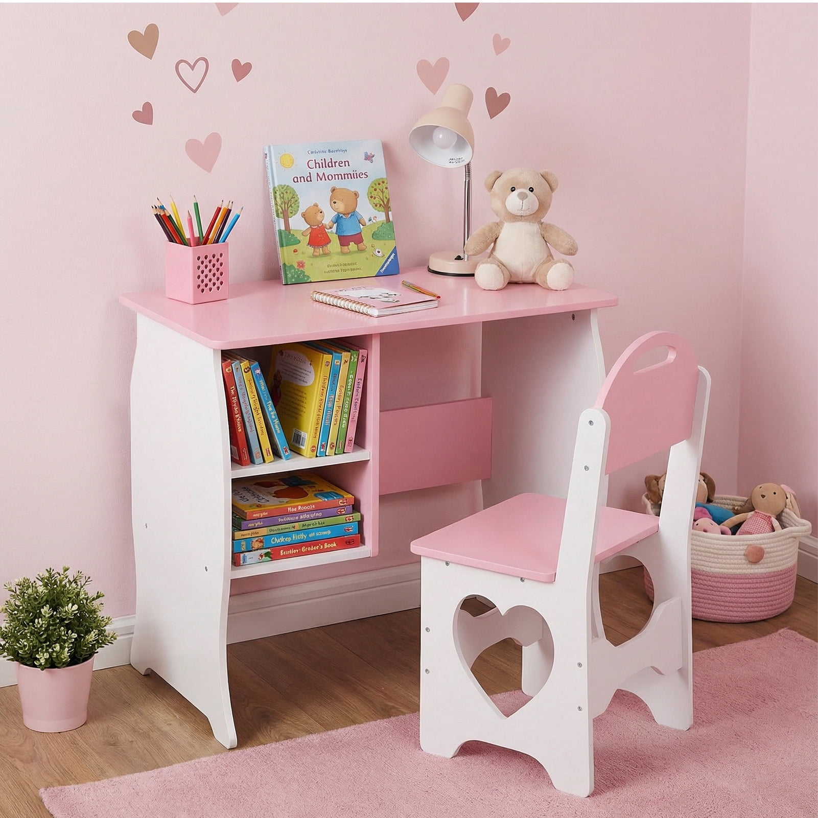 Kids Study Table and Chair Set, 2 Chairs Included with Built in Shelf ...