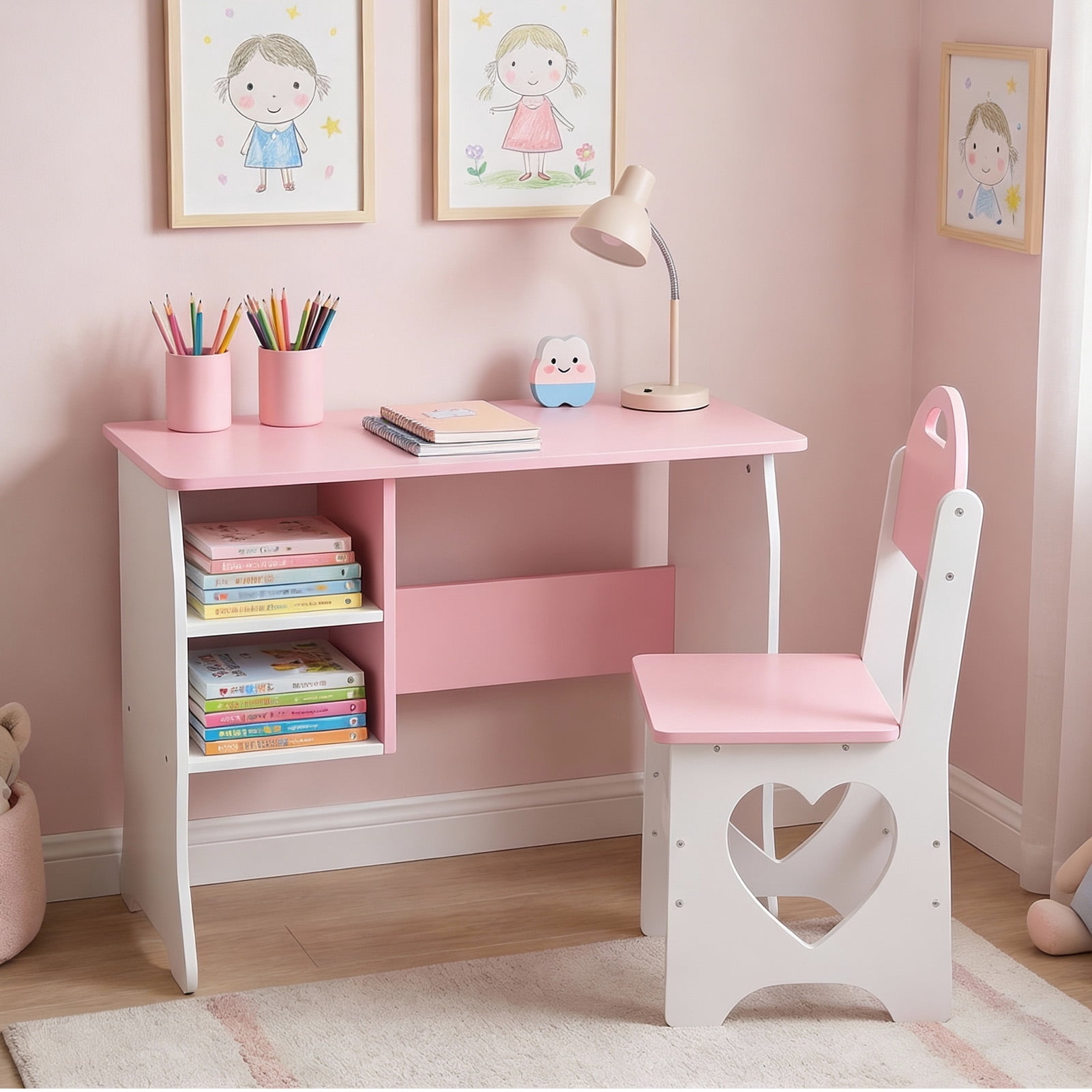 Kids Study Table and Chair Set, 2 Chairs Included with Built in Shelf ...