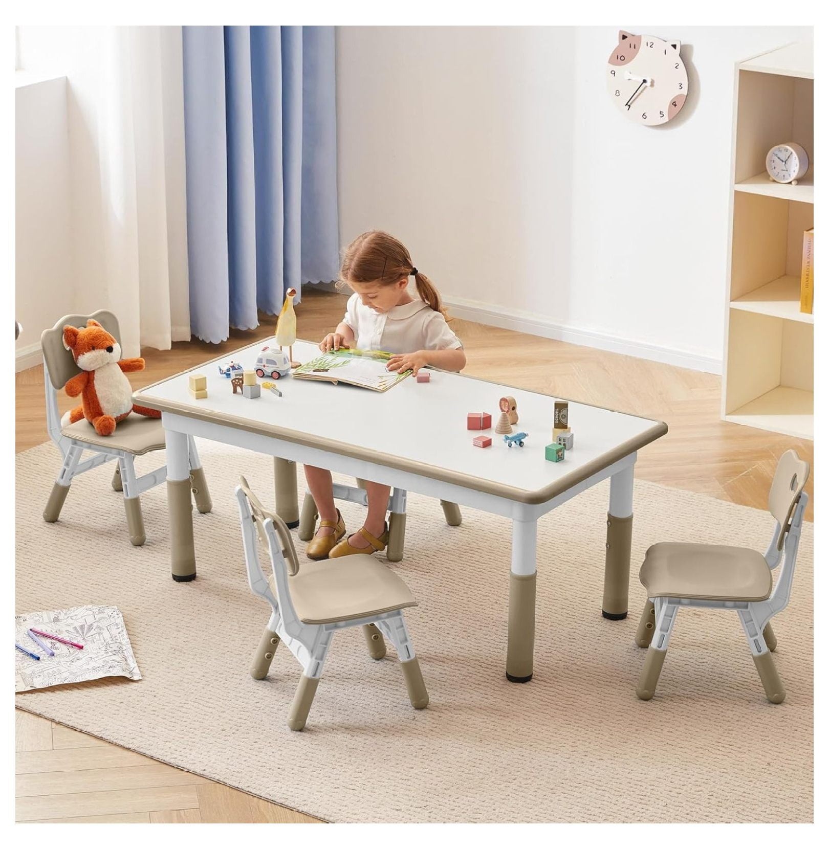 Kids Study Table and Chairs Set, Height Adjustable Toddler Table and Chair Set for Kids Ages 3-8 ...