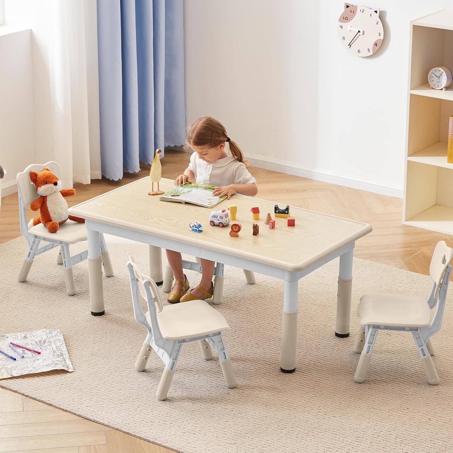 Kids Study Table and Chairs Set, Height Adjustable Toddler Table and ...