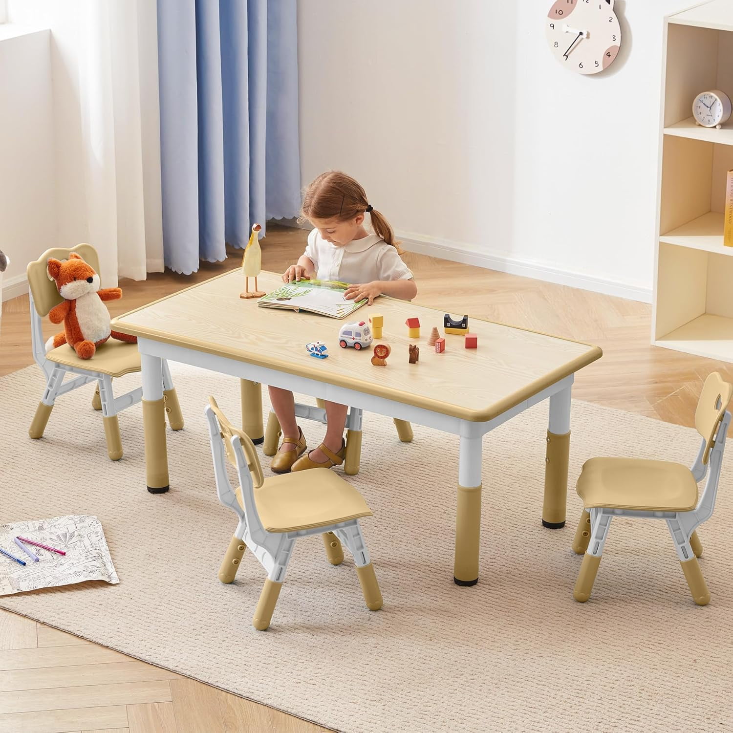 Kids Study Table and Chairs Set, Height Adjustable Toddler Table and ...