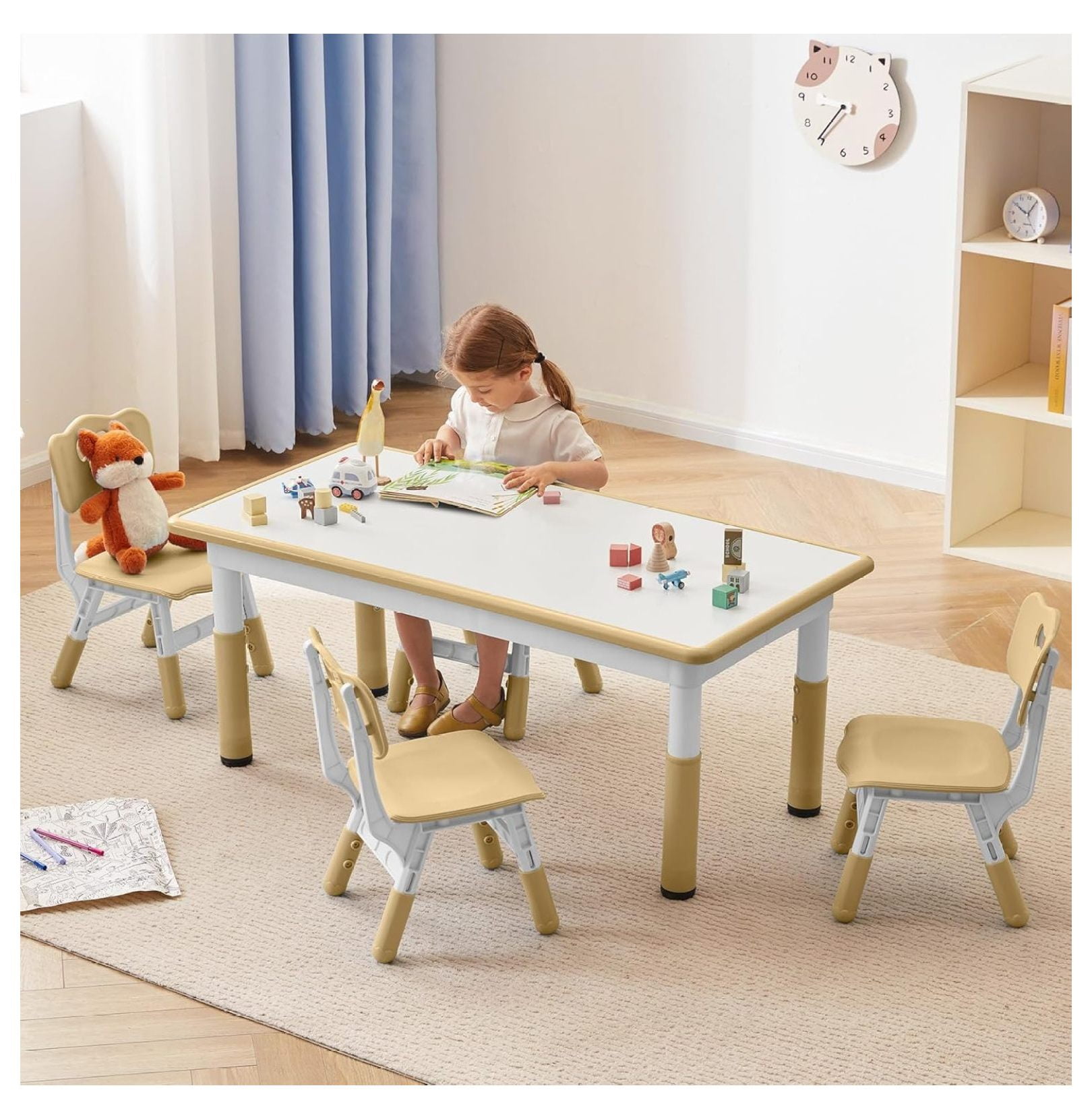 Kids Study Table and Chairs Set, Height Adjustable Toddler Table and ...
