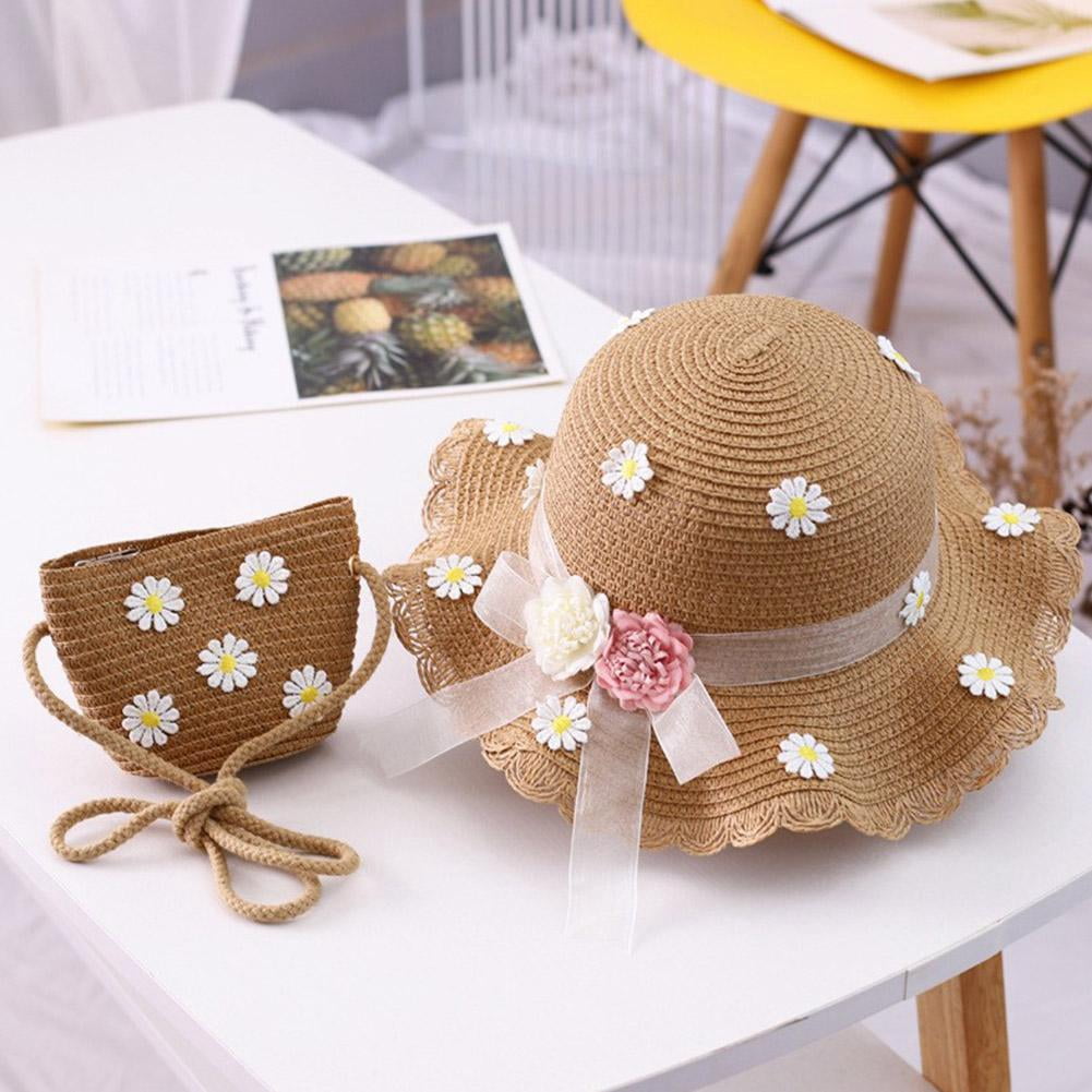 Kids Summer Beach Hat Hats with Flowers Sunshade Children's Straw D8P4 ...