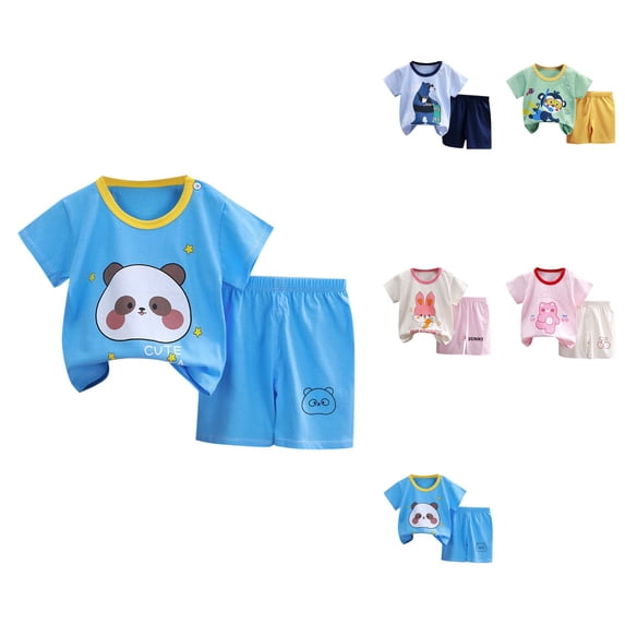 Kids' Summer Cartoon Short Sleeve Shorts Set, Elastic Waist Casual ...