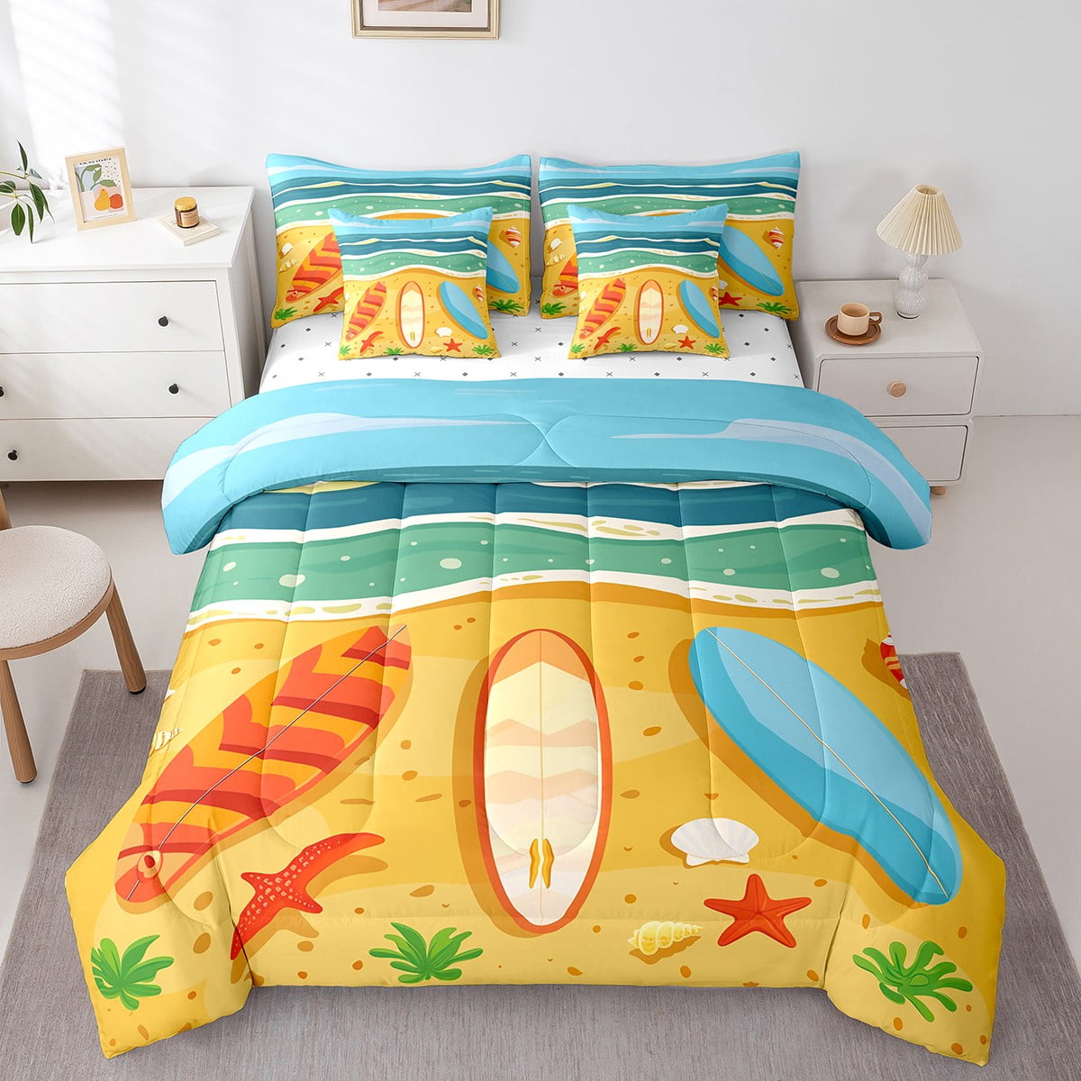 Kids Summer Holiday King Comforter Set 7 Pieces Ocean Wave Bedding ...