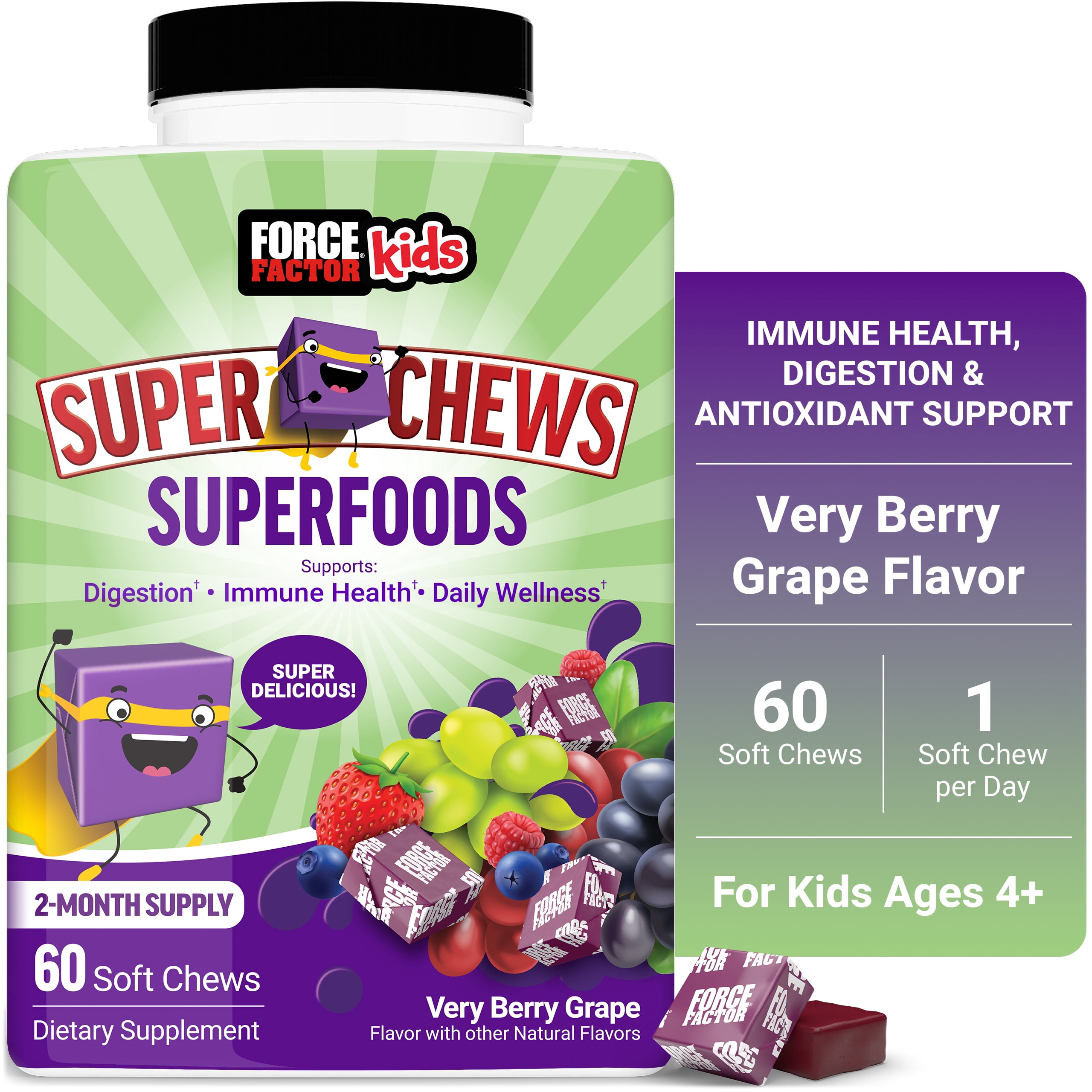 Force Factor Kids Superfood Super Chews, Kids Immune, Digestion ...