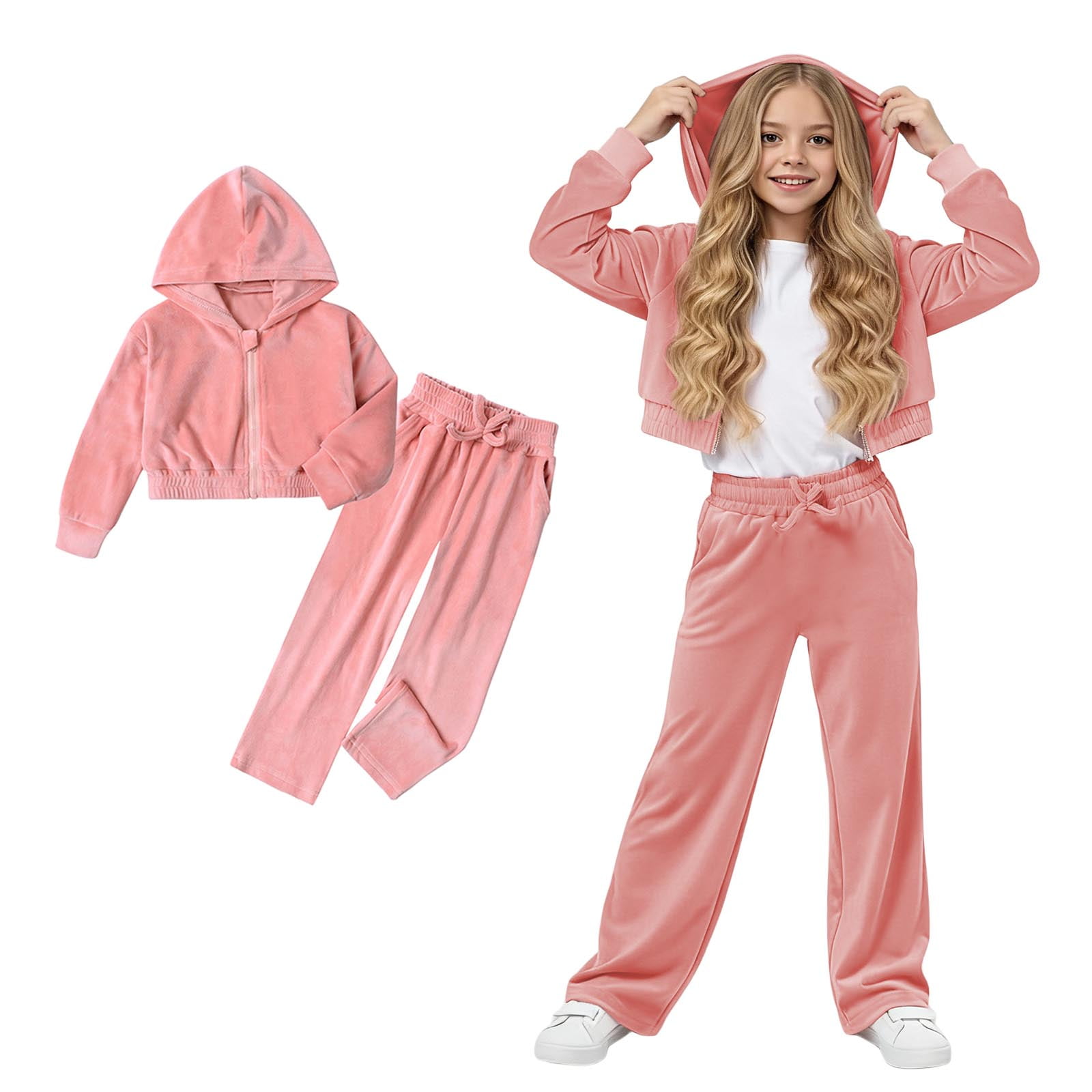 Kids Sweatsuit Pink Velour Tracksuit Zip Up Cropped Hoodies Sweatpants ...